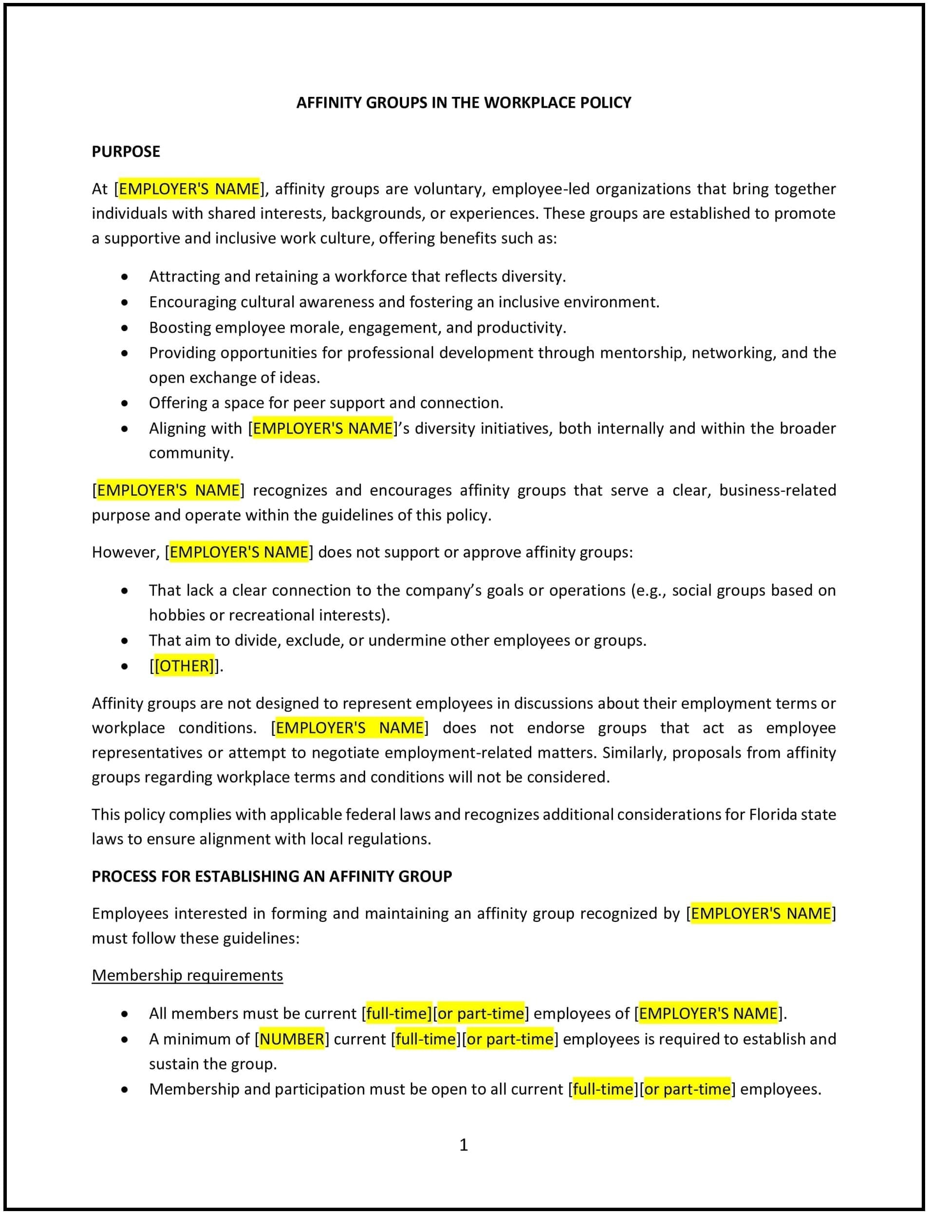 Affinity groups in the workplace policy (Florida): Free template