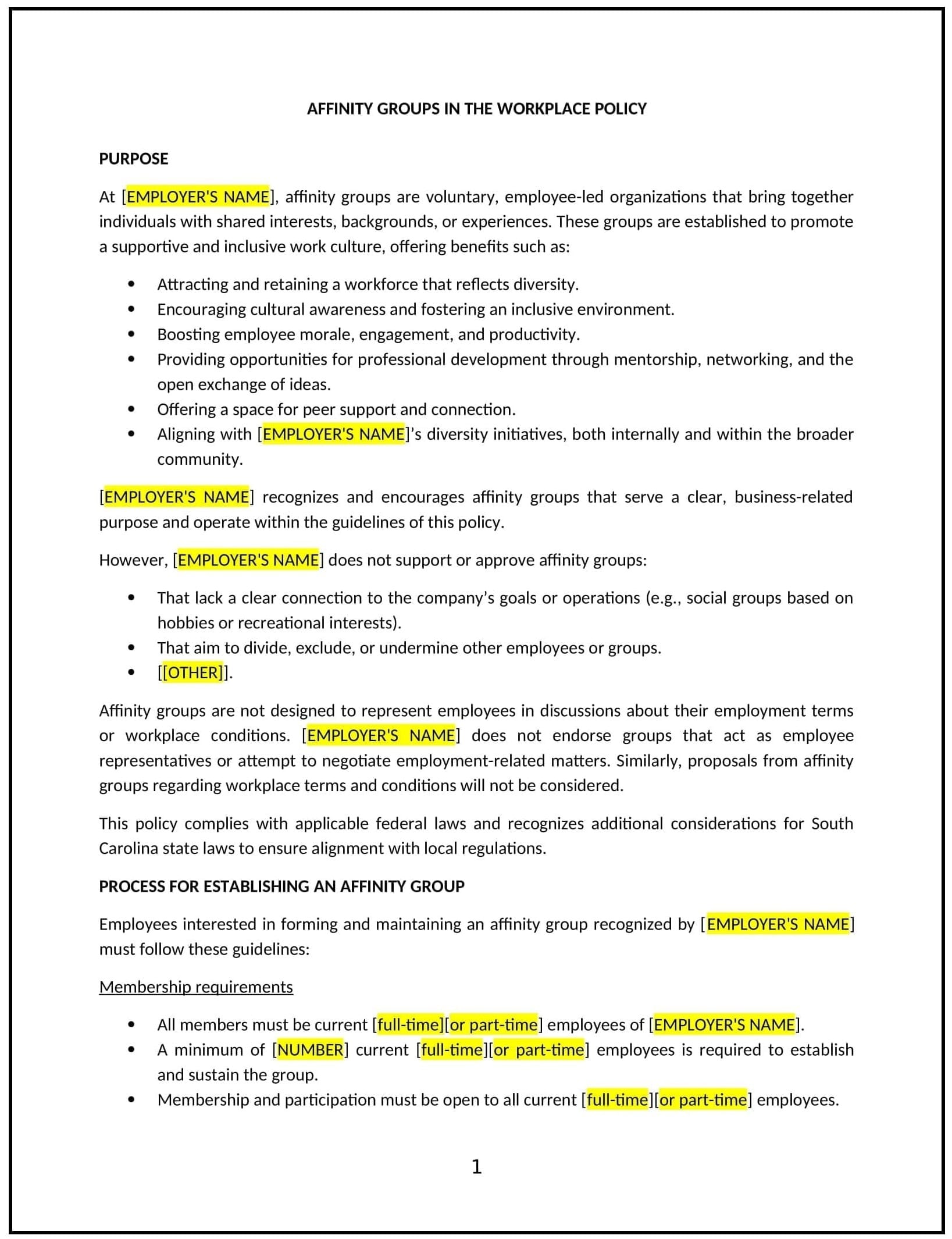 Affinity groups in the workplace policy (South Carolina): Free template