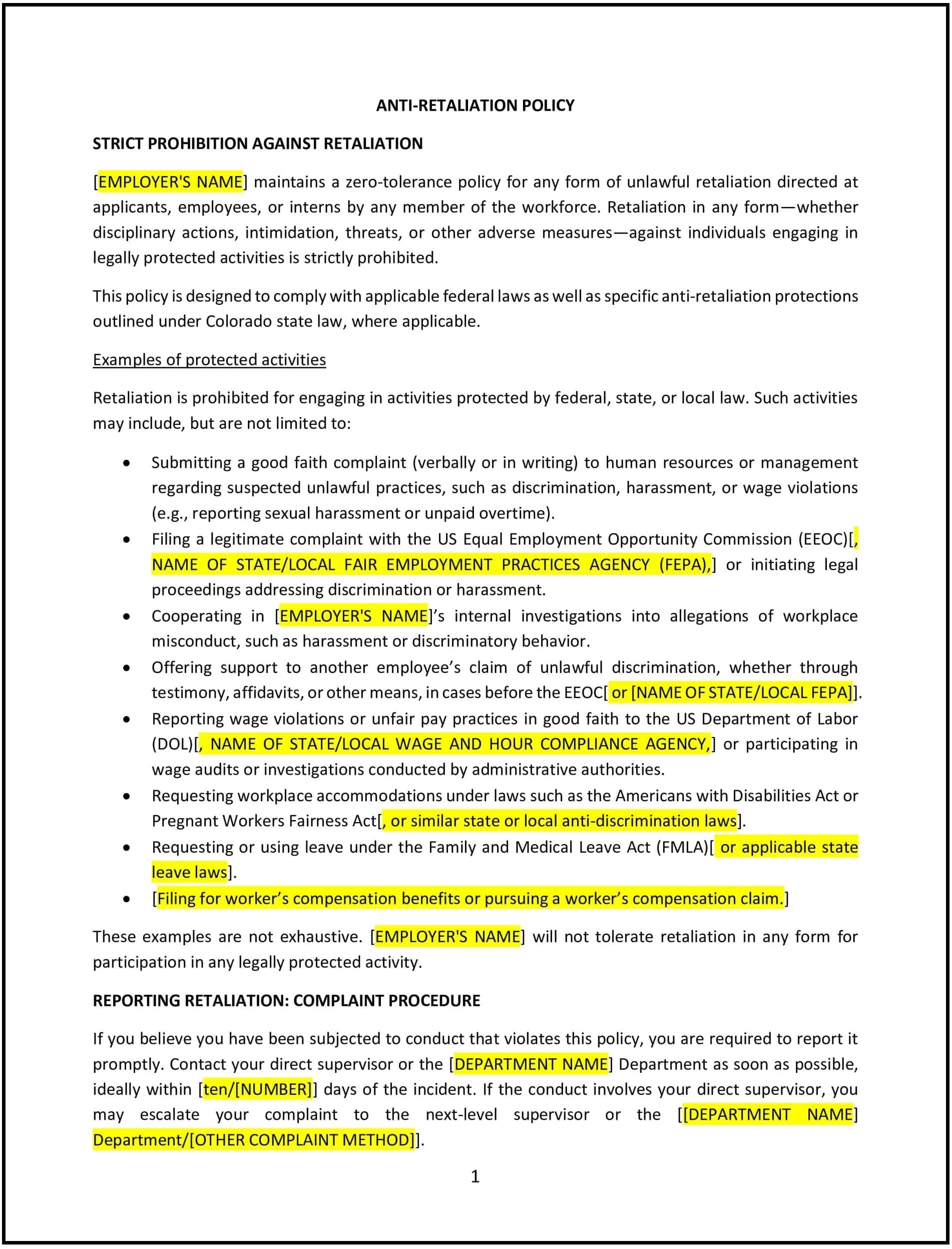 Anti-retaliation policy (Colorado): Free template
