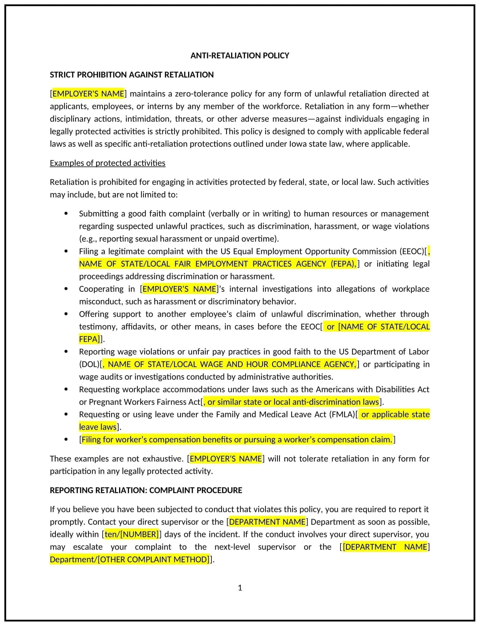 Anti-retaliation policy (Iowa): Free template