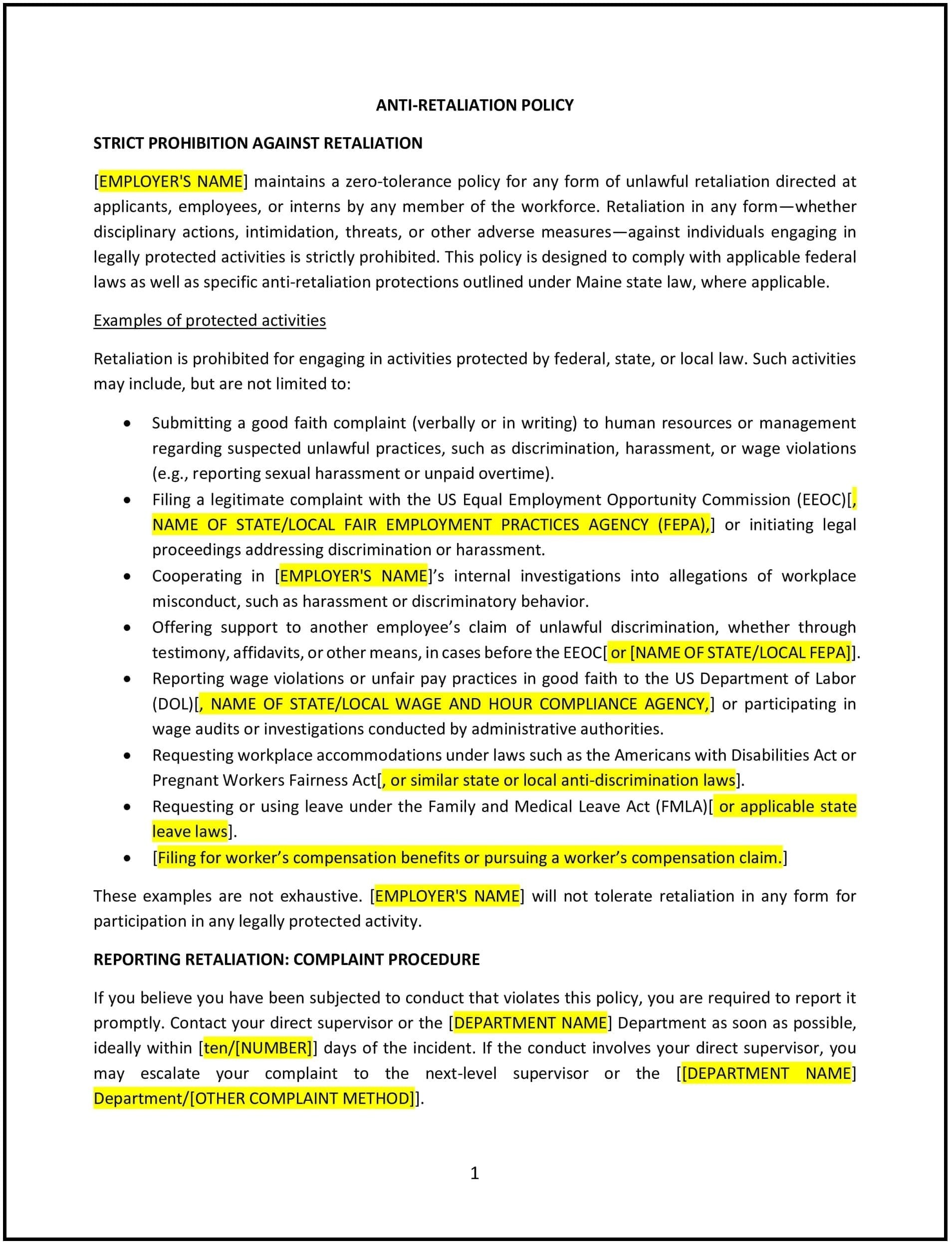 Anti-retaliation policy (Maine): Free template