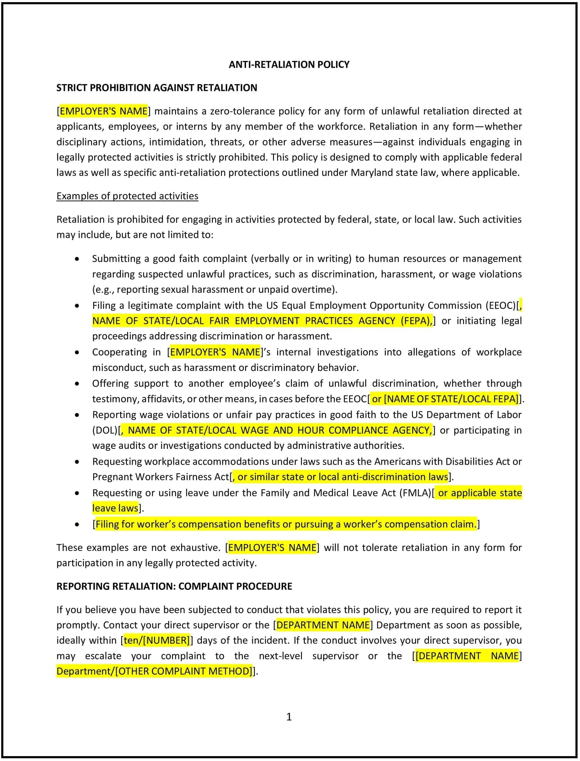 Anti-retaliation policy (Maryland): Free template