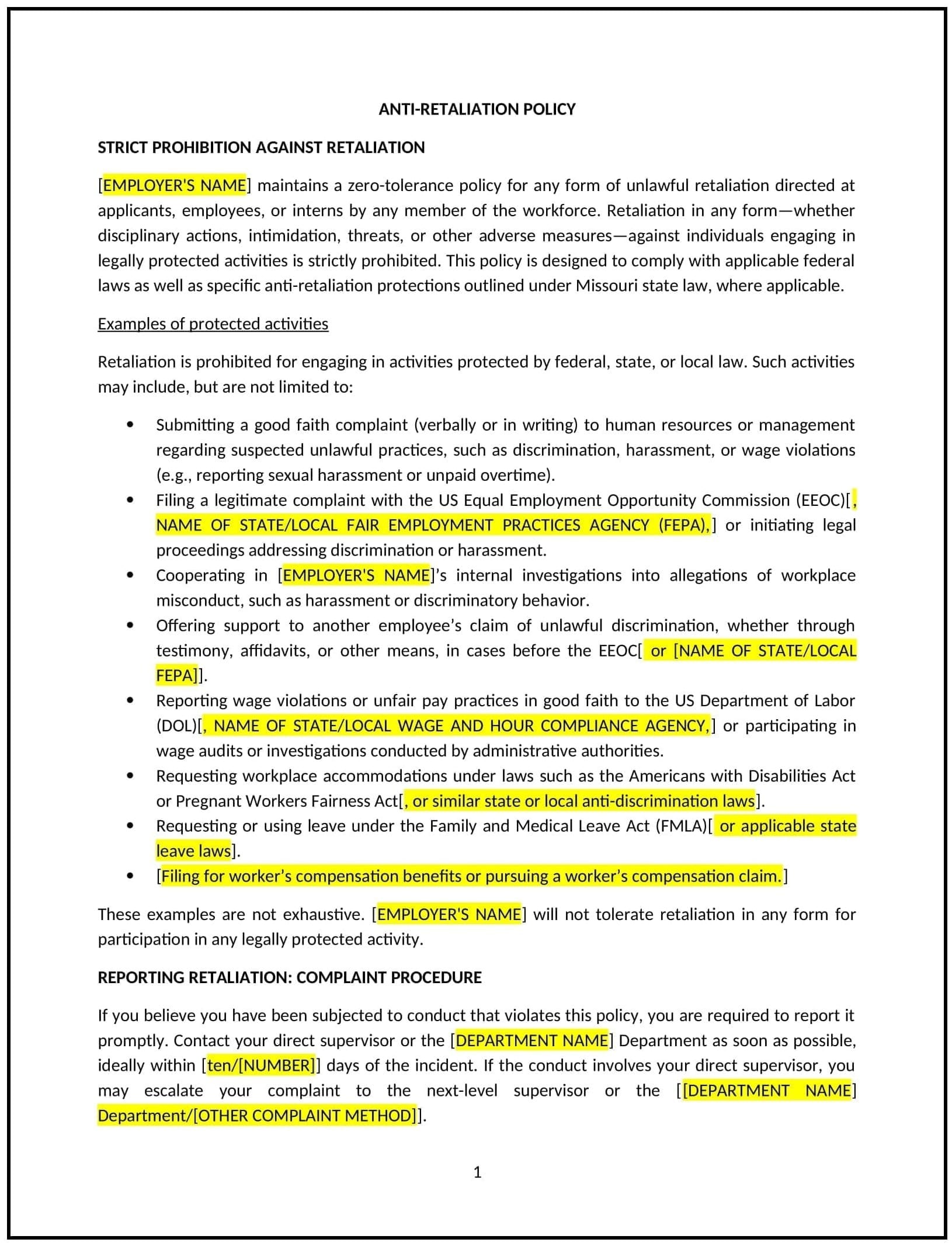 Anti-retaliation policy (Missouri): Free template