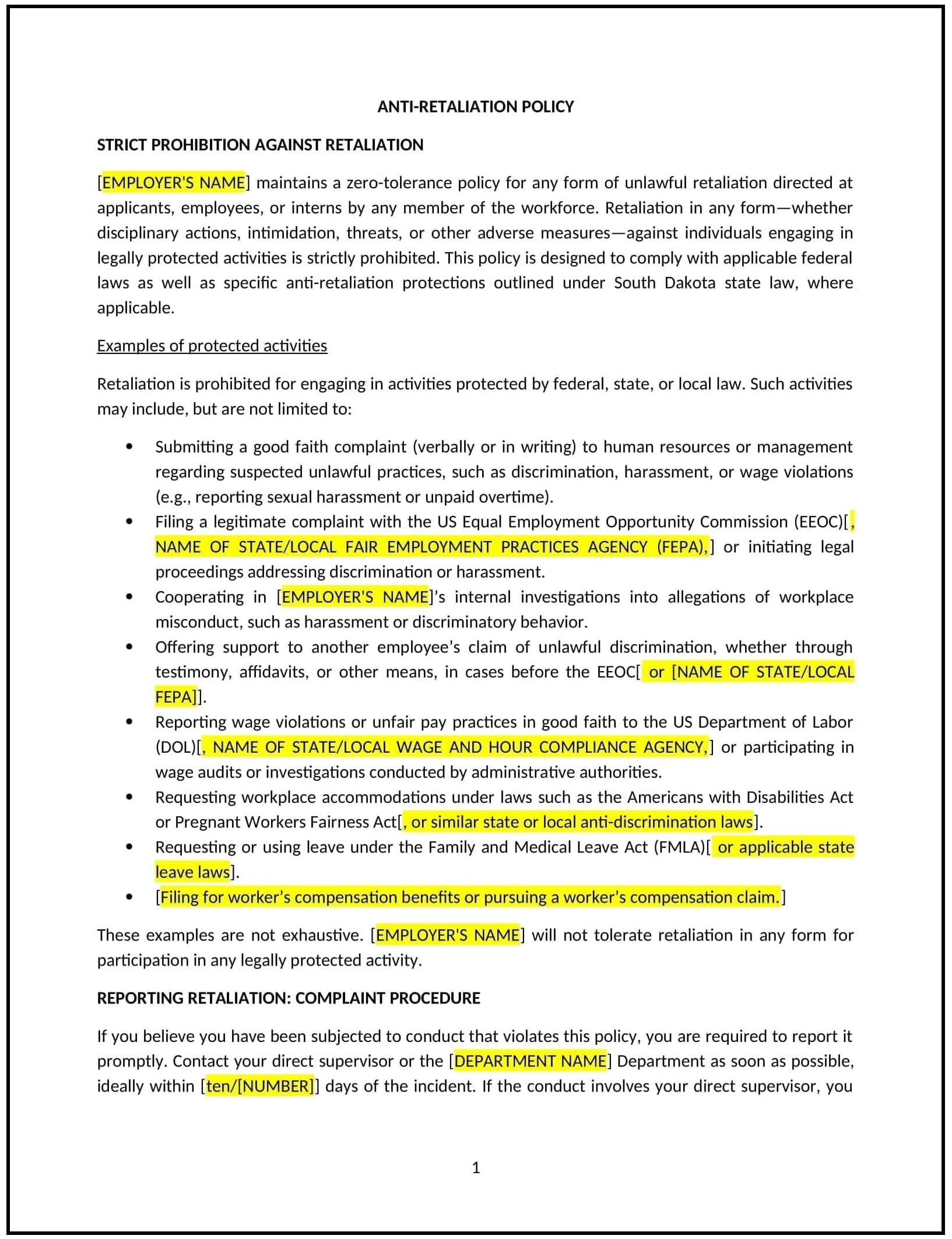 Anti-retaliation policy (South Dakota): Free template