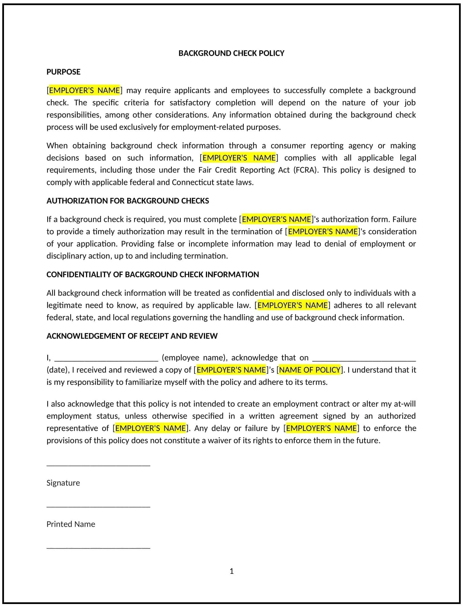 Background check policy (Connecticut): Free template