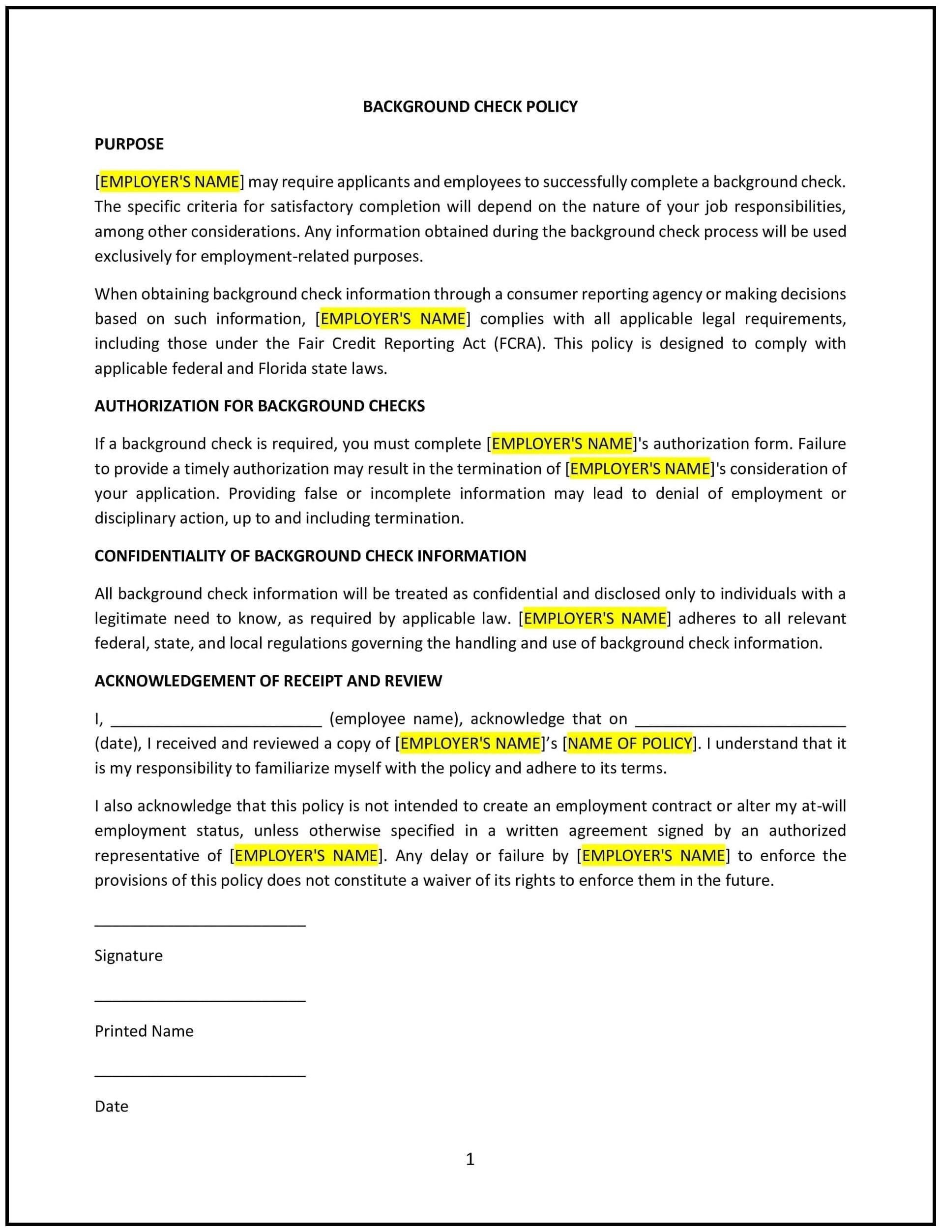 Background check policy (Florida): Free template
