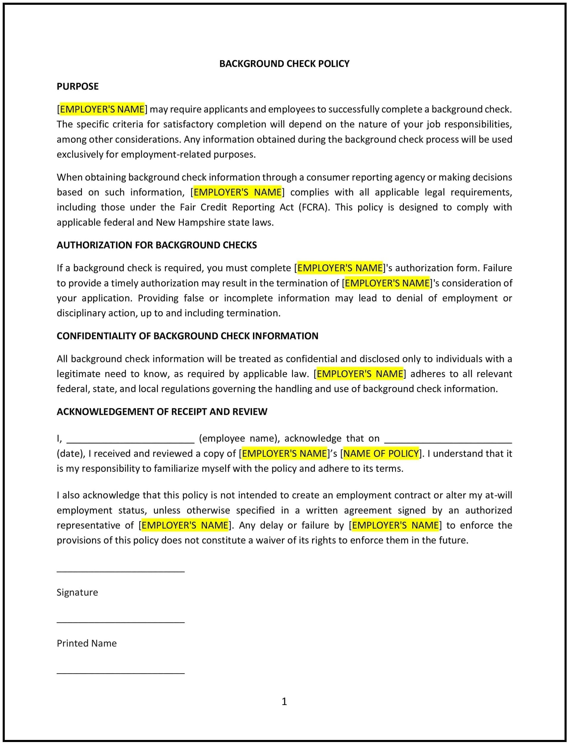 Background check policy (New Hampshire): Free template