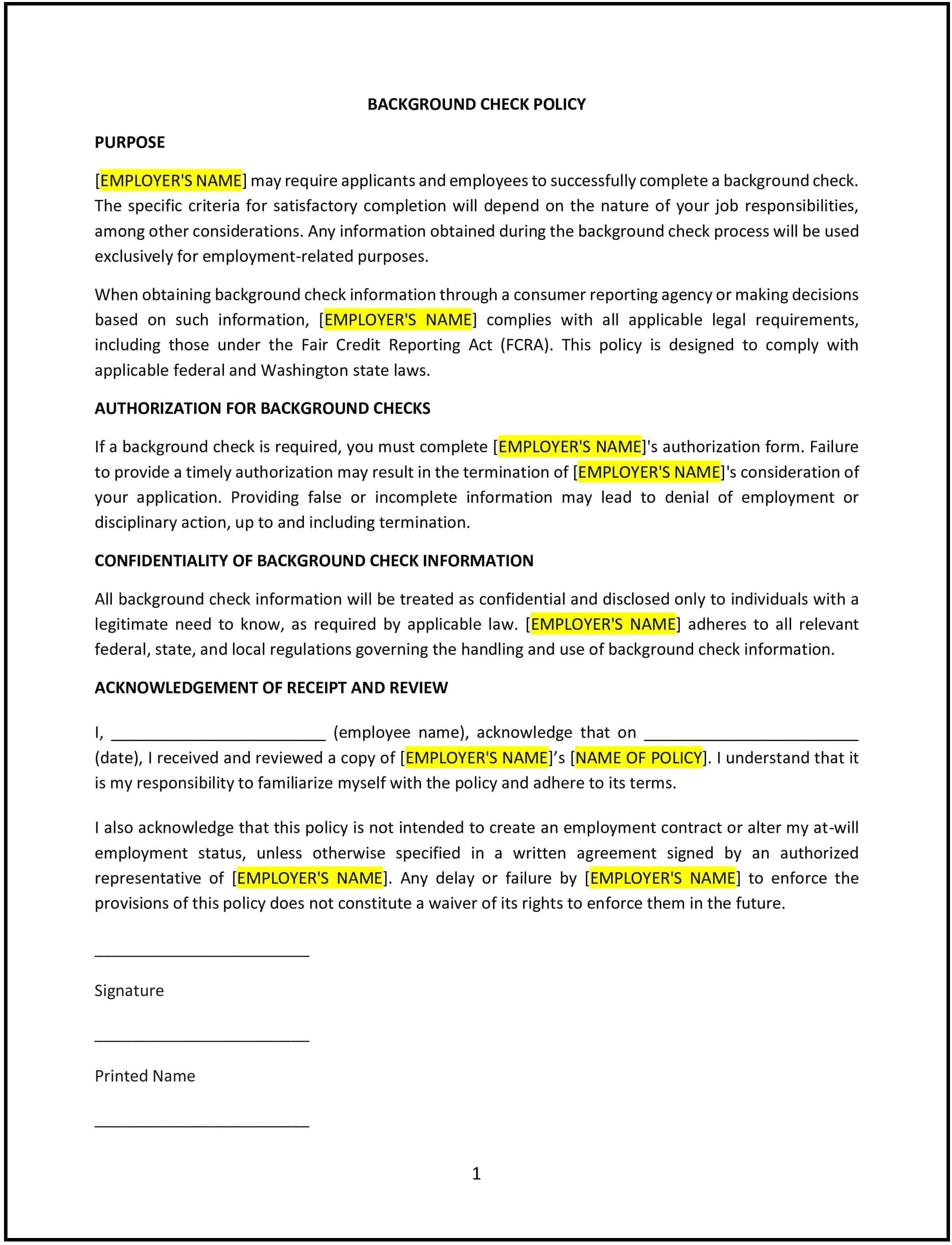 Background check policy (Washington): Free template