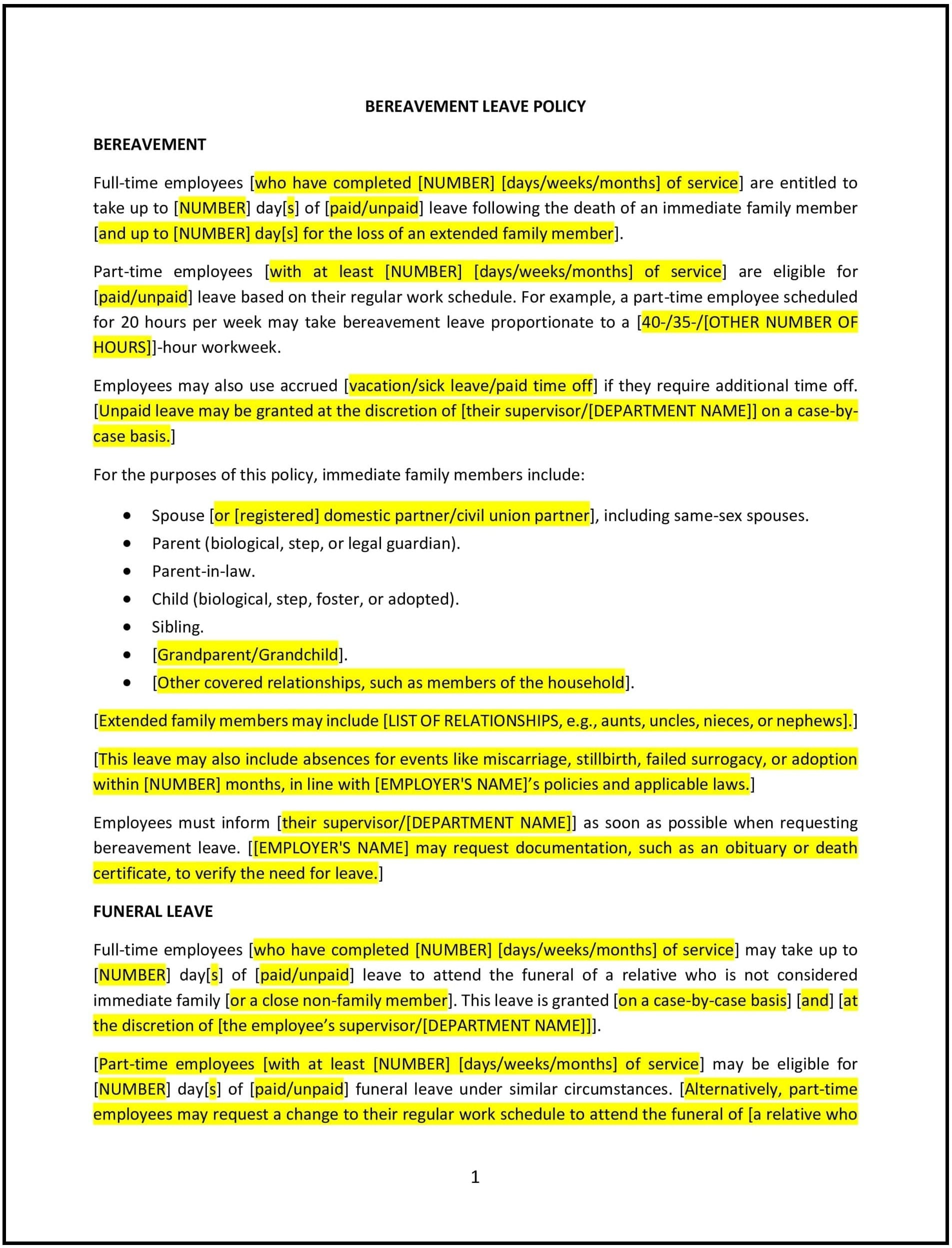 Bereavement leave policy (North Carolina): Free template