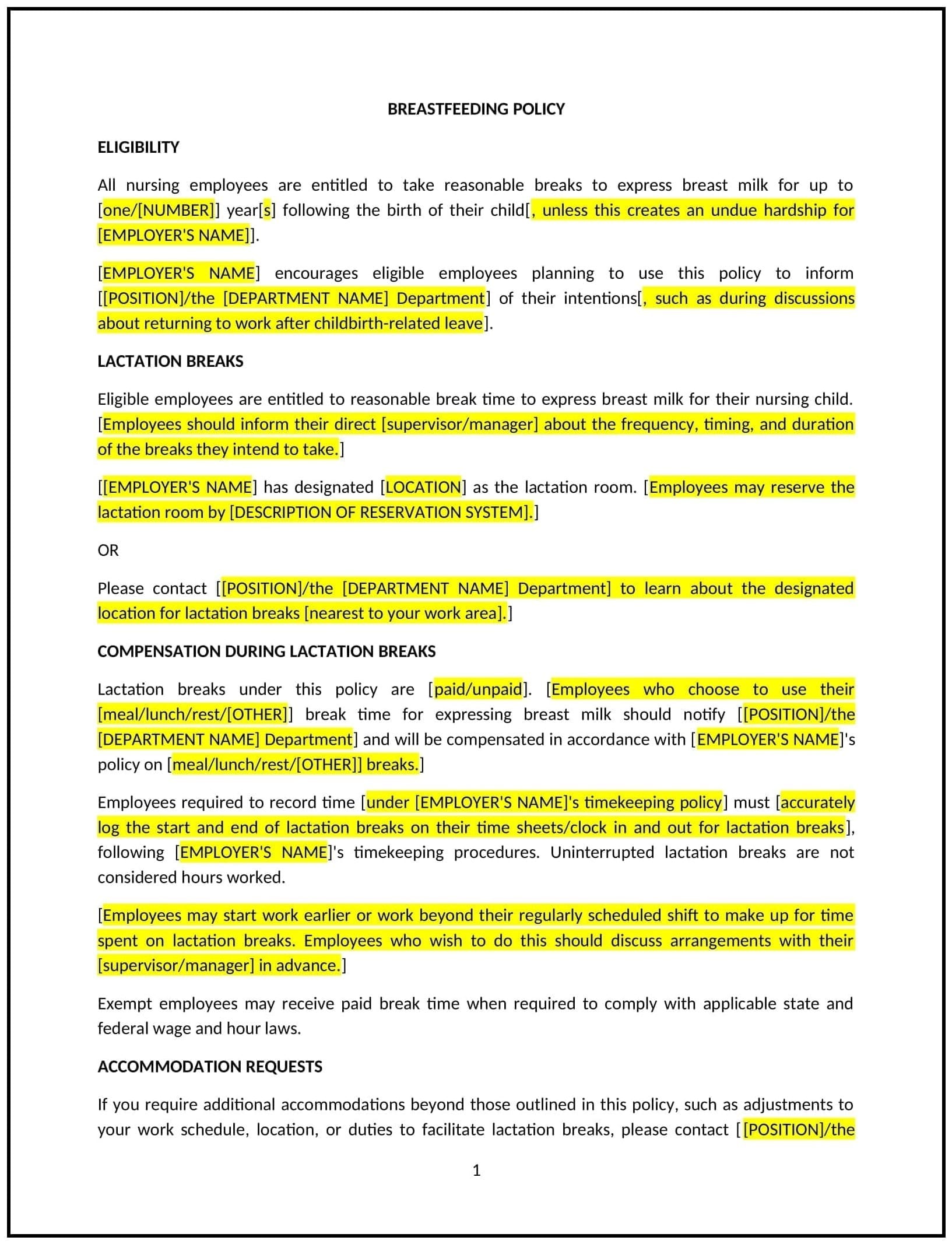 Breastfeeding break policy (Oregon): Free template