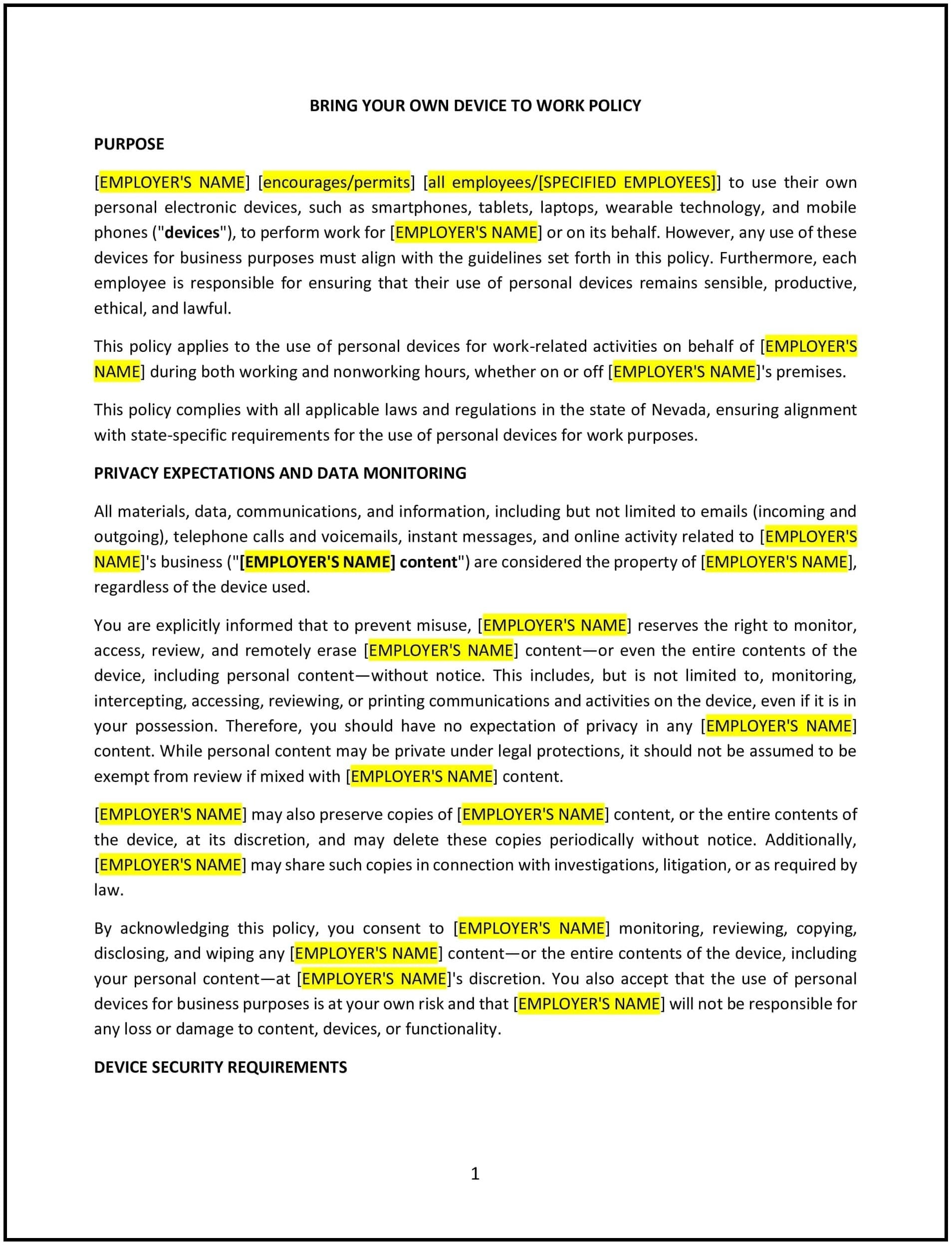 Bring Your Own Device to Work policy (Nevada): Free template