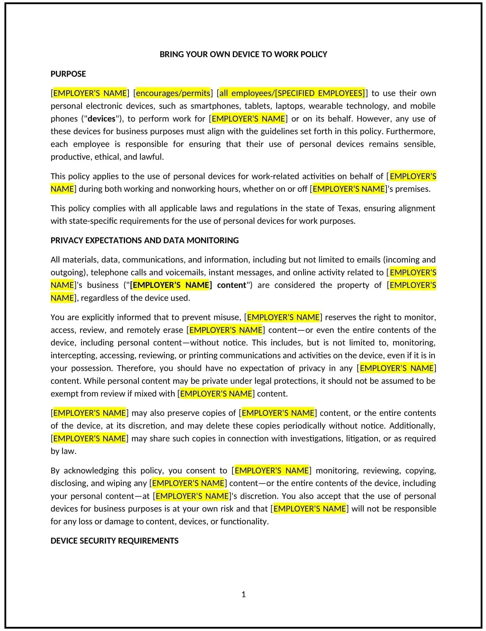 Bring your own device (BYOD) policy (Texas): Free template