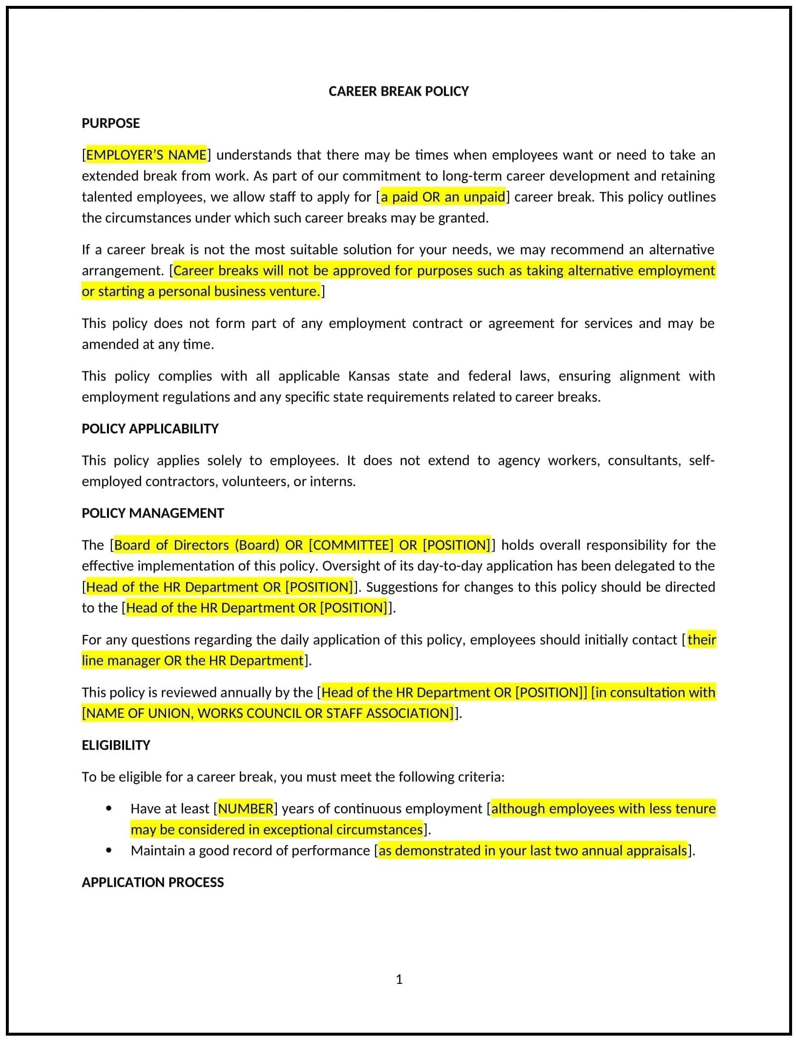 Career break policy (Kansas): Free template