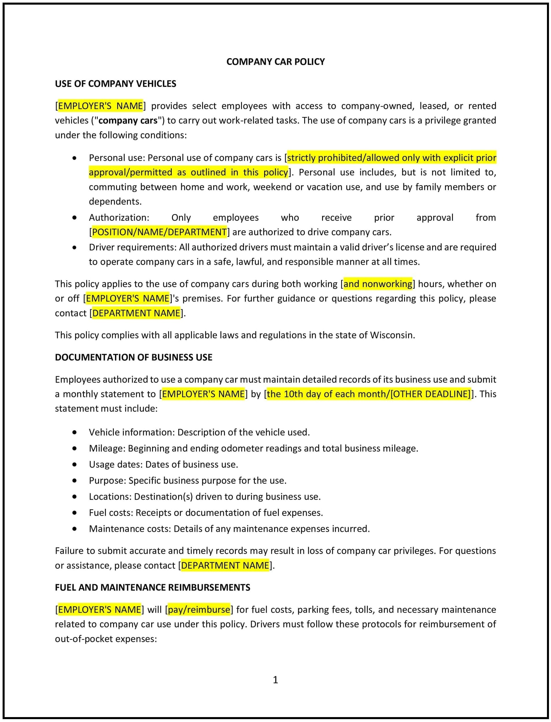 Company car policy (Wisconsin): Free template