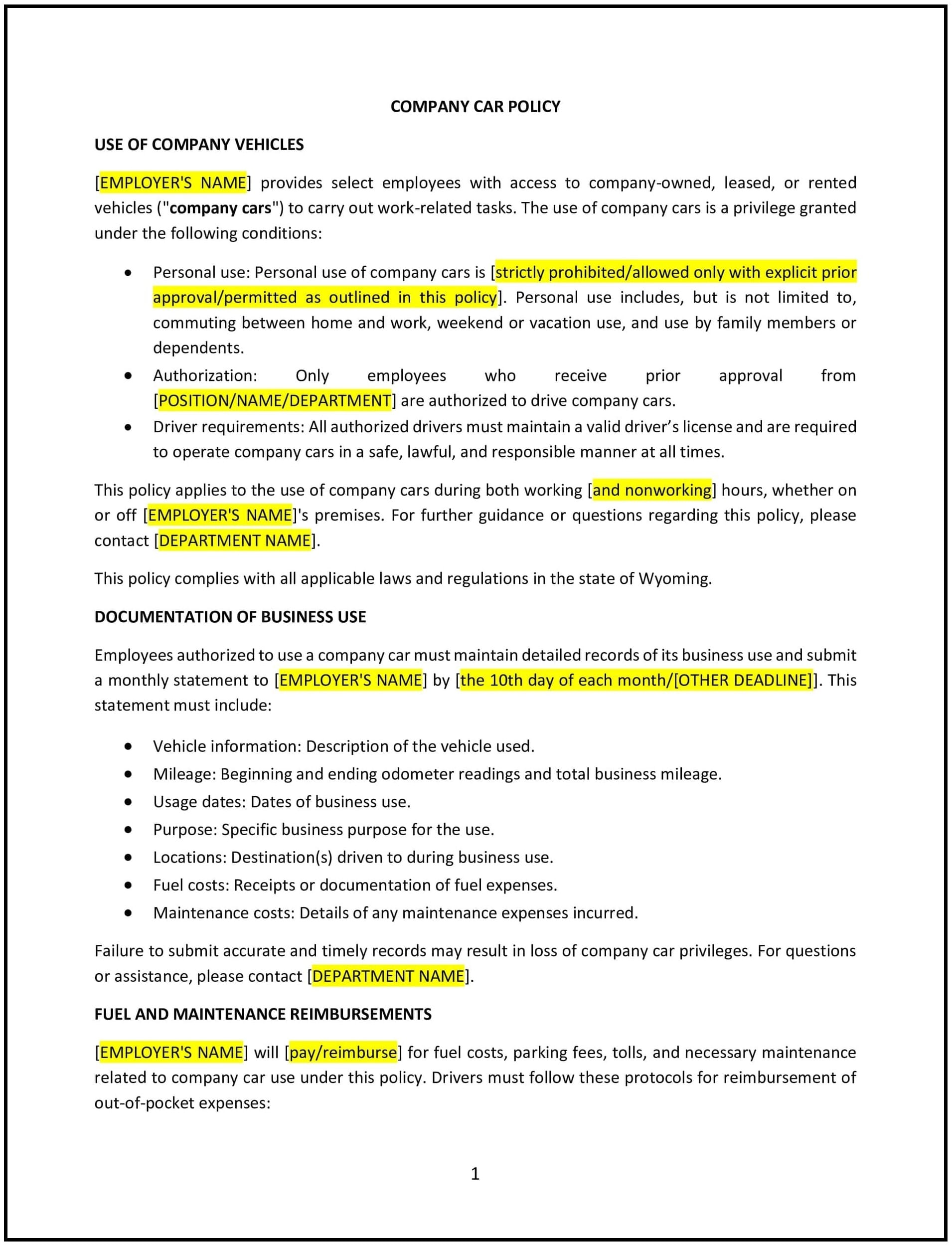 Company car policy (Wyoming): Free template