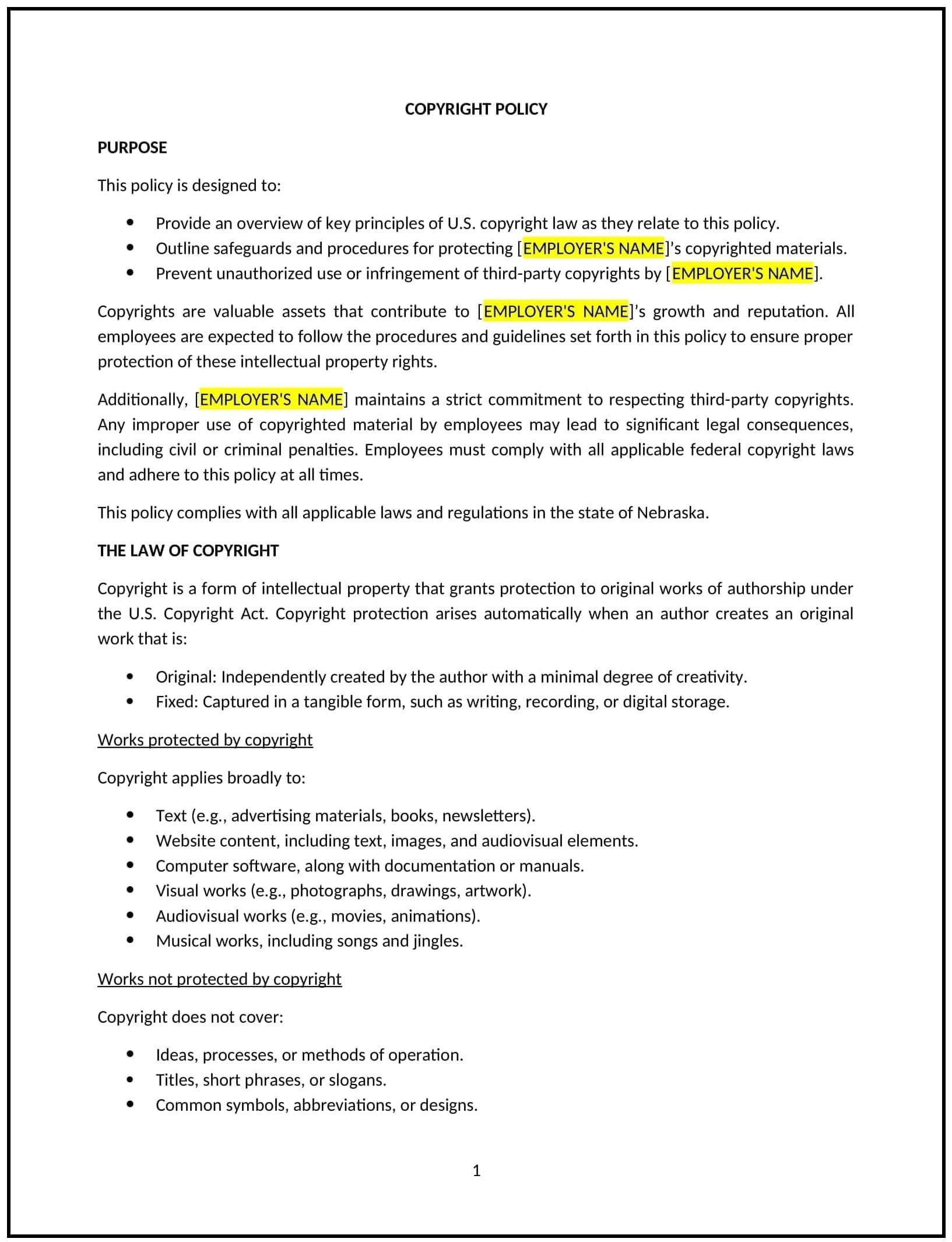 Copyright policy (Nebraska): Free template