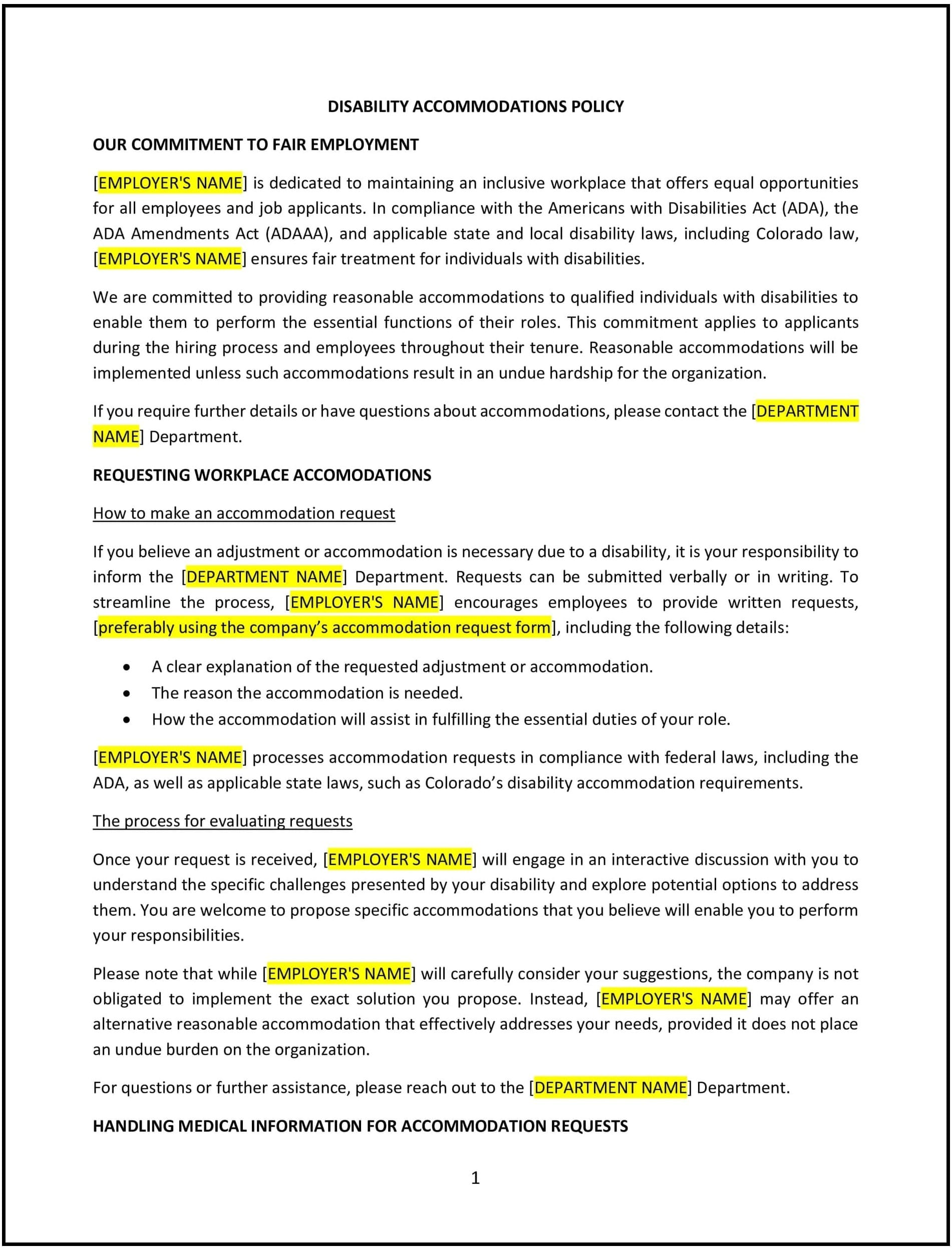 Disability accommodations policy (Colorado): Free template