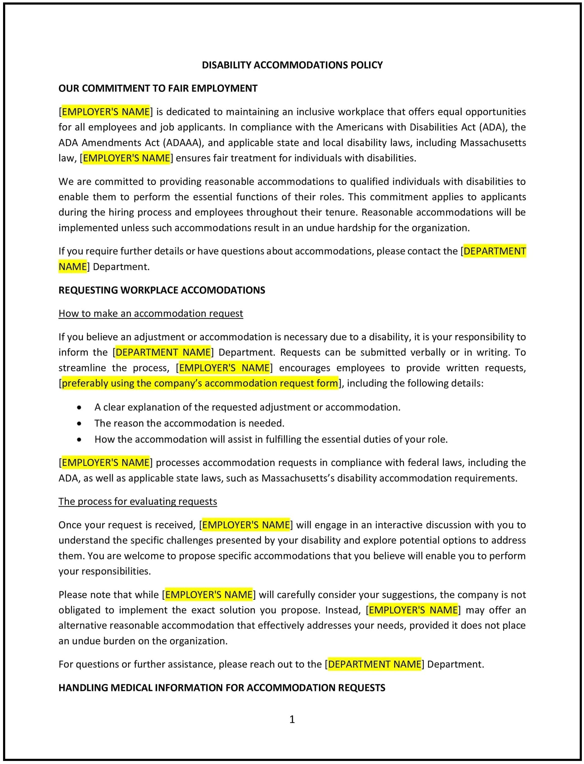 Disability accommodations policy (Massachusetts): Free template