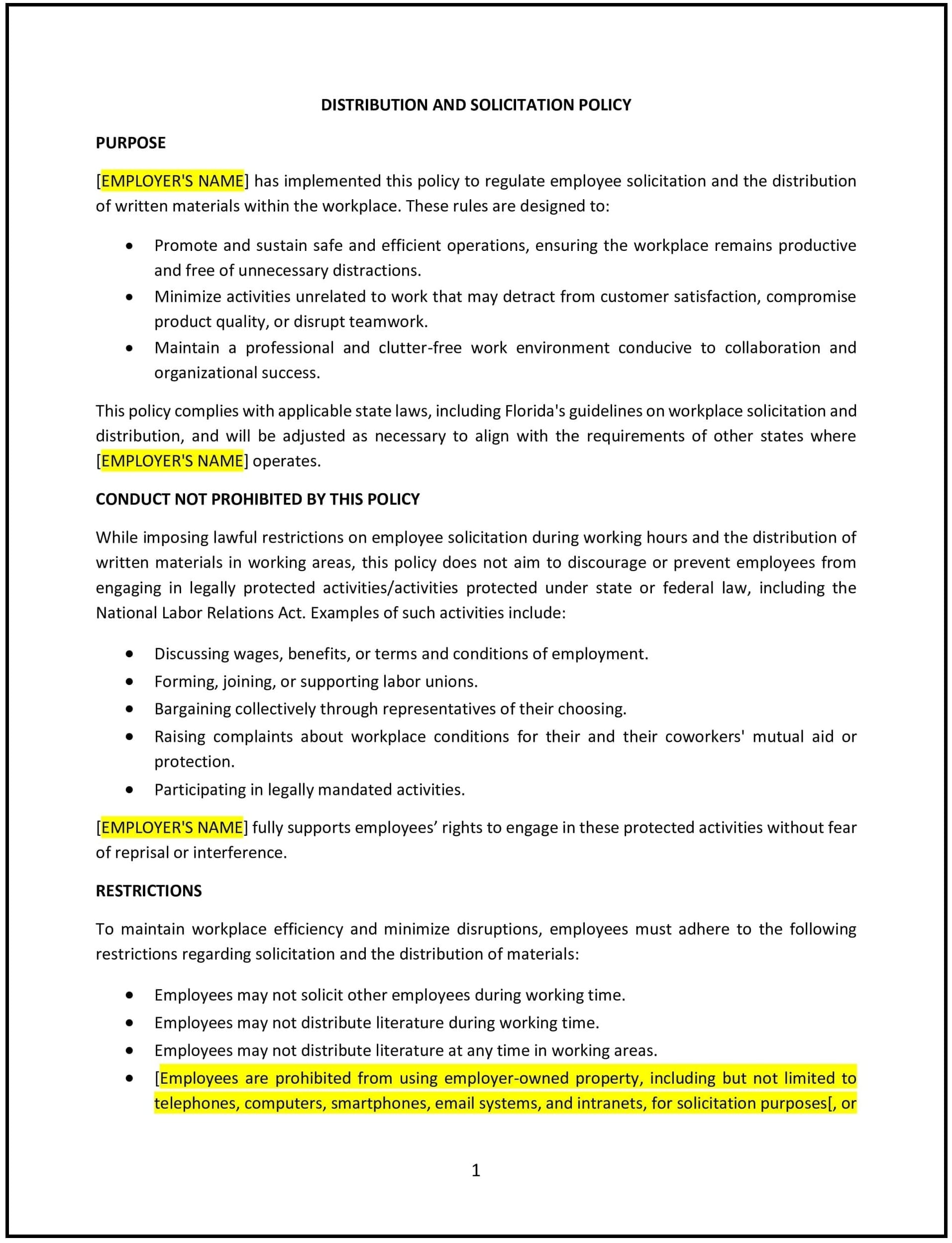 Distribution and solicitation policy (Florida): Free template