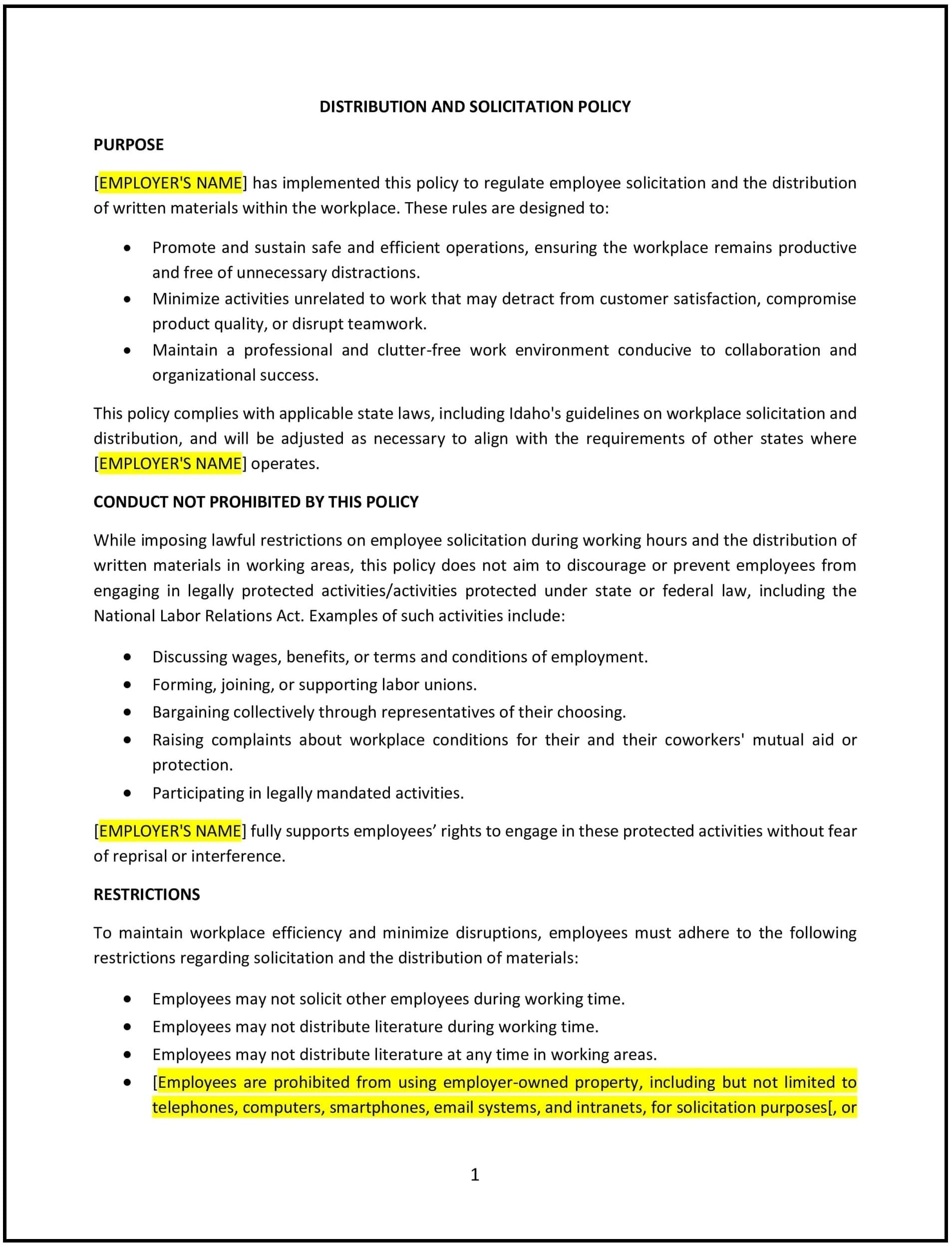 Distribution and solicitation policy (Idaho): Free template