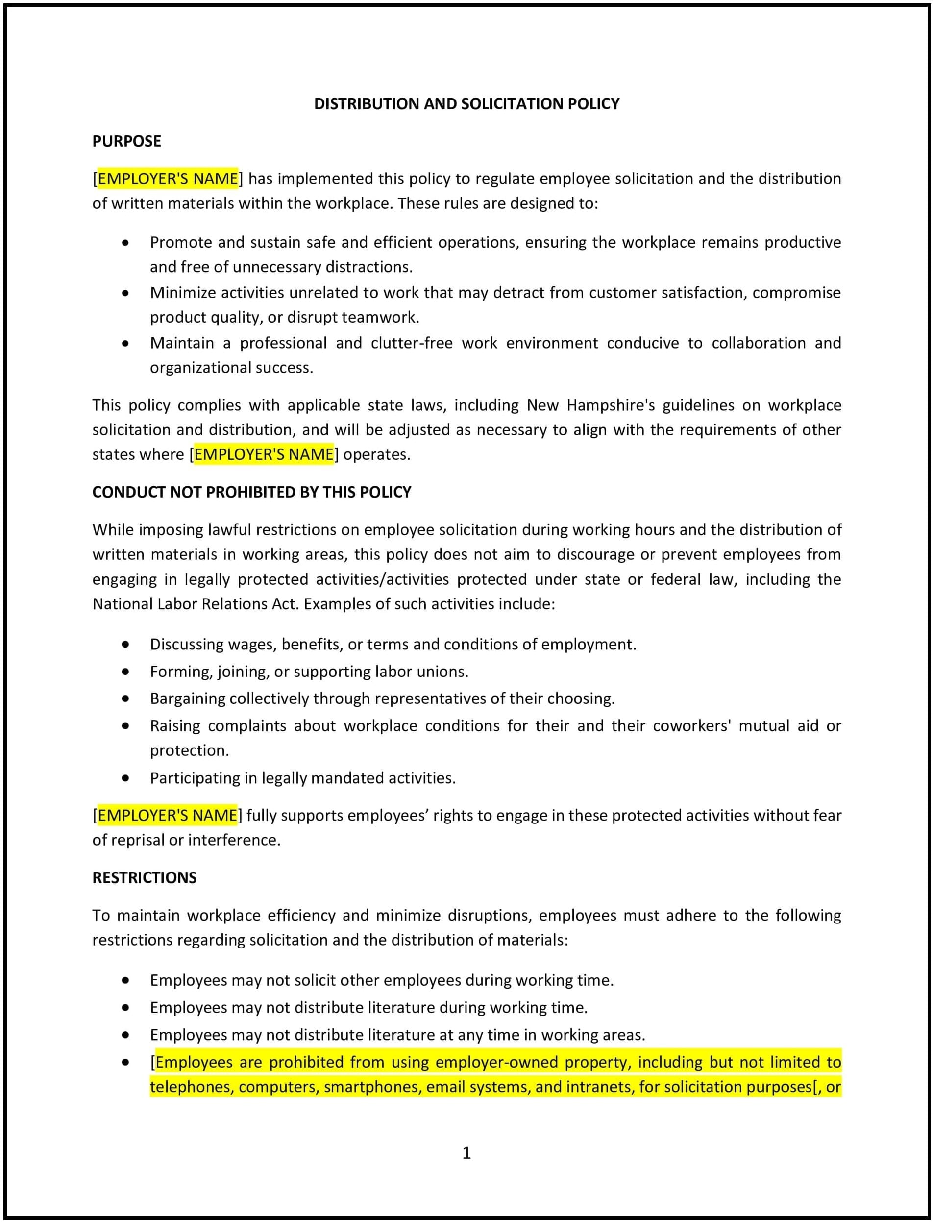 Distribution and solicitation policy (New Hampshire): Free template