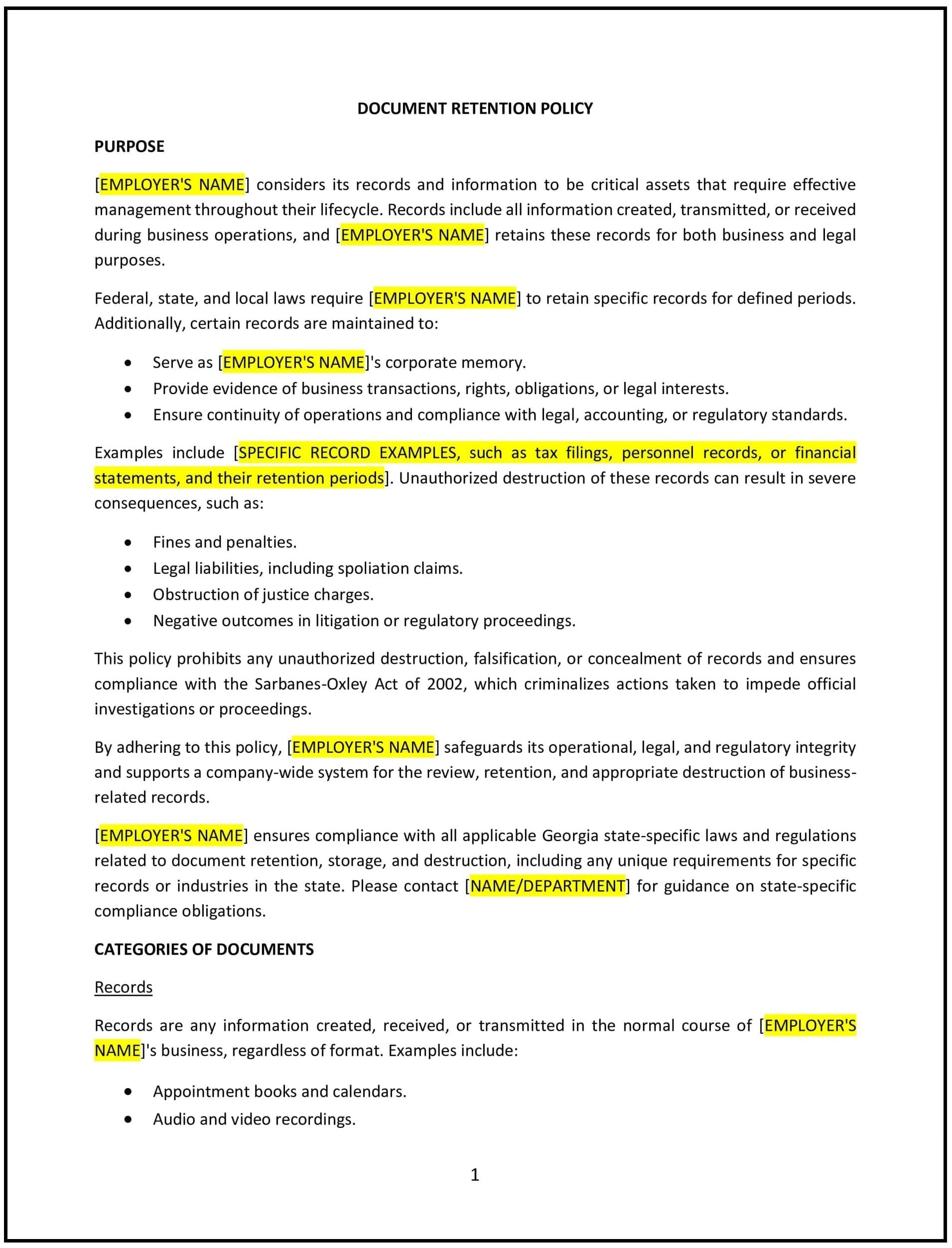 Document retention policy (Georgia): Free template