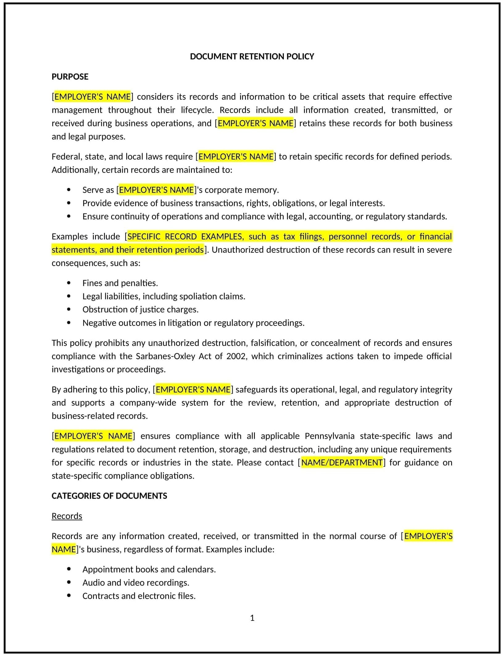 Document retention policy (Pennsylvania): Free template