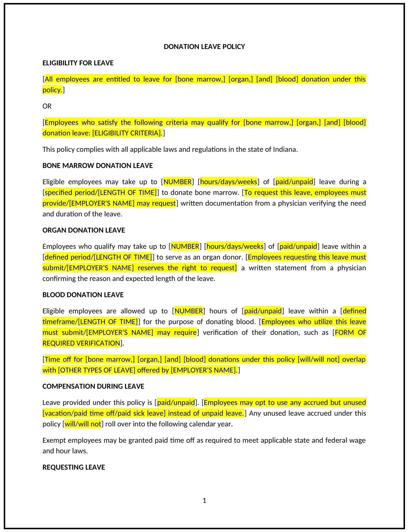 Donation leave policy (Indiana): Free template