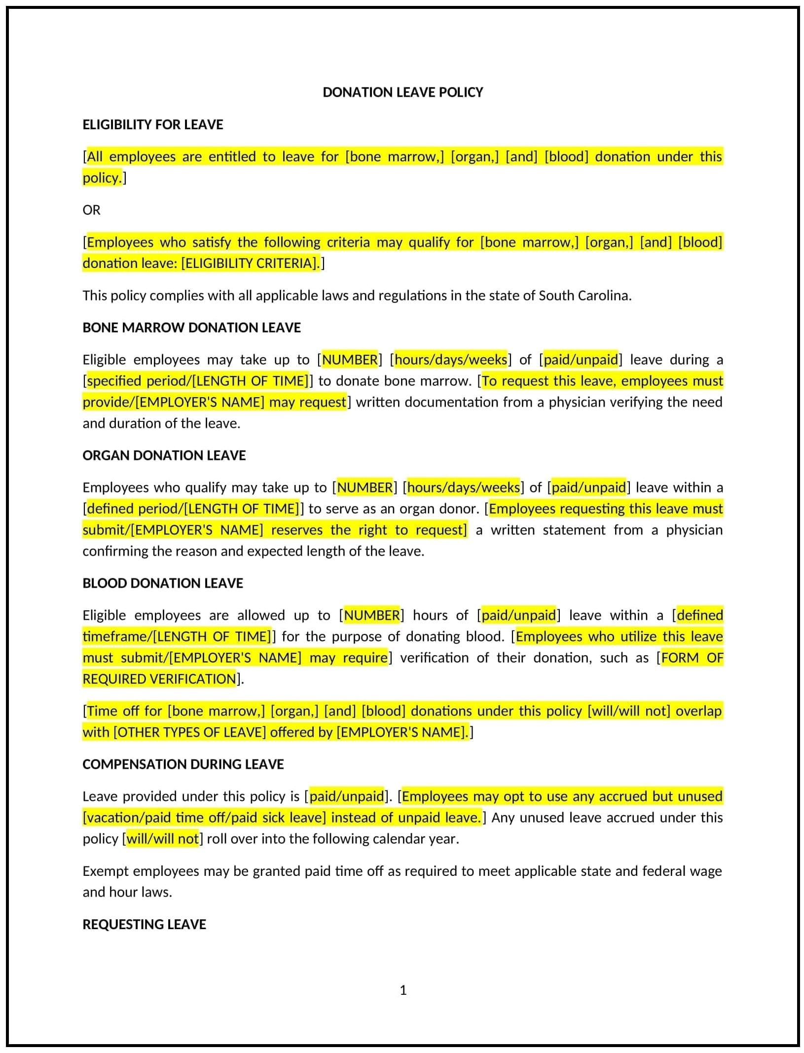 Donation leave policy (South Carolina): Free template