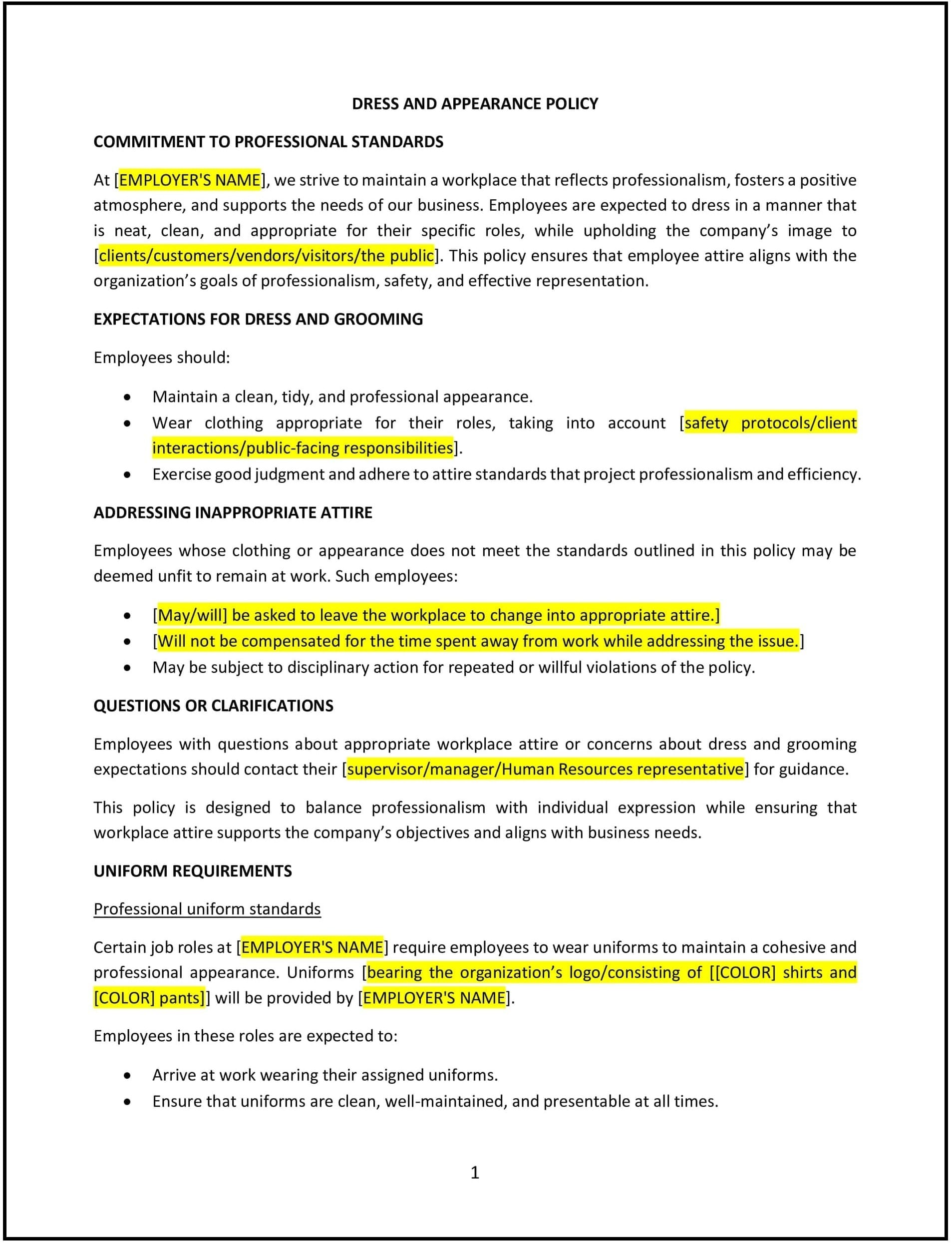 Dress and appearance policy (Maryland): Free template