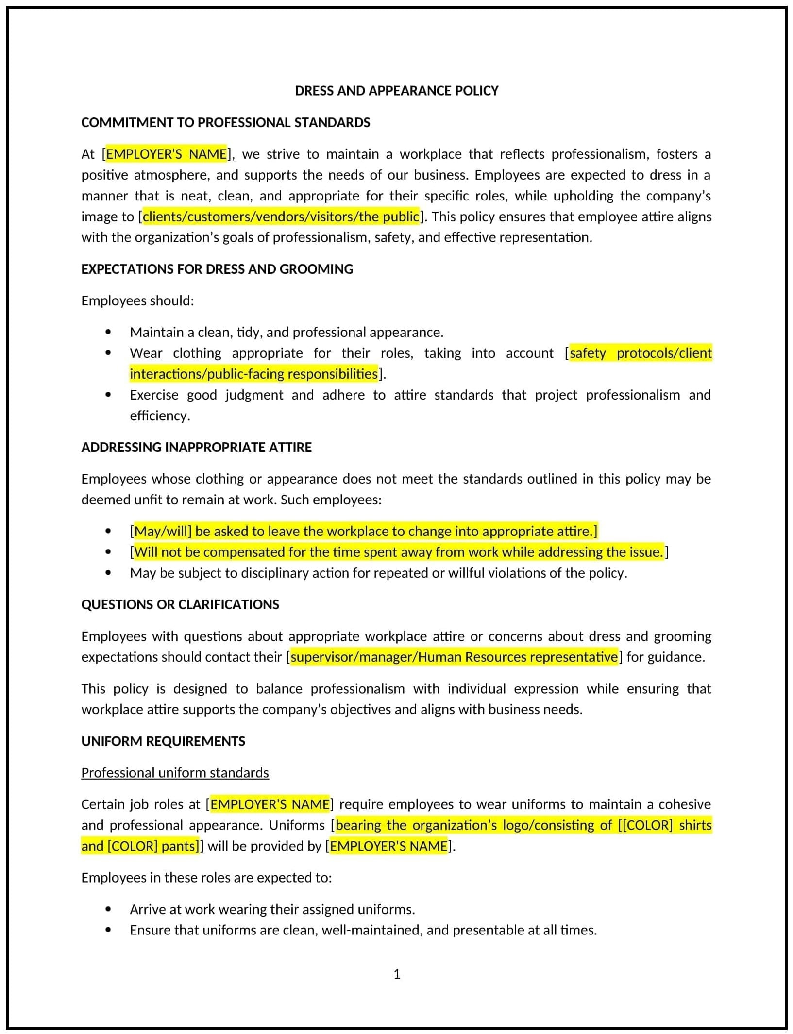 Dress and appearance policy (Vermont): Free template