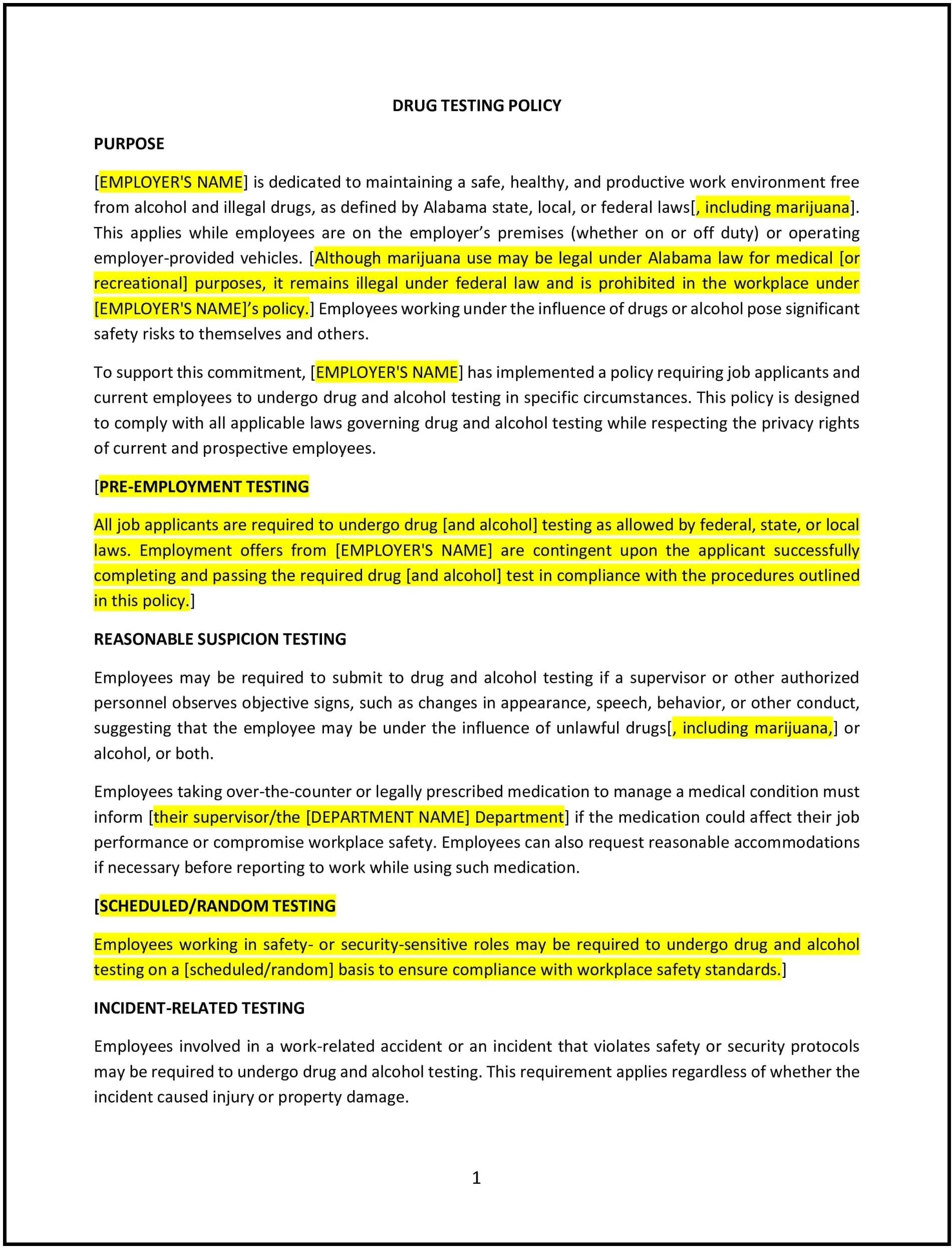 Drug testing policy (Alabama): Free template