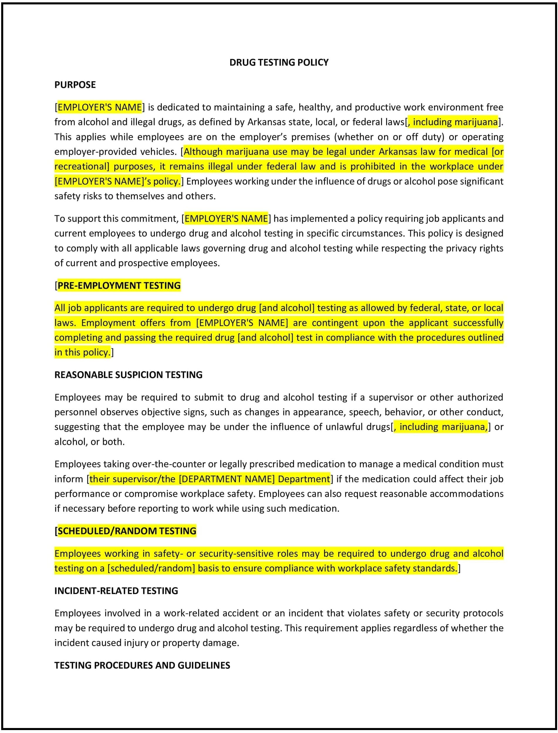 Drug testing policy (Arkansas): Free template