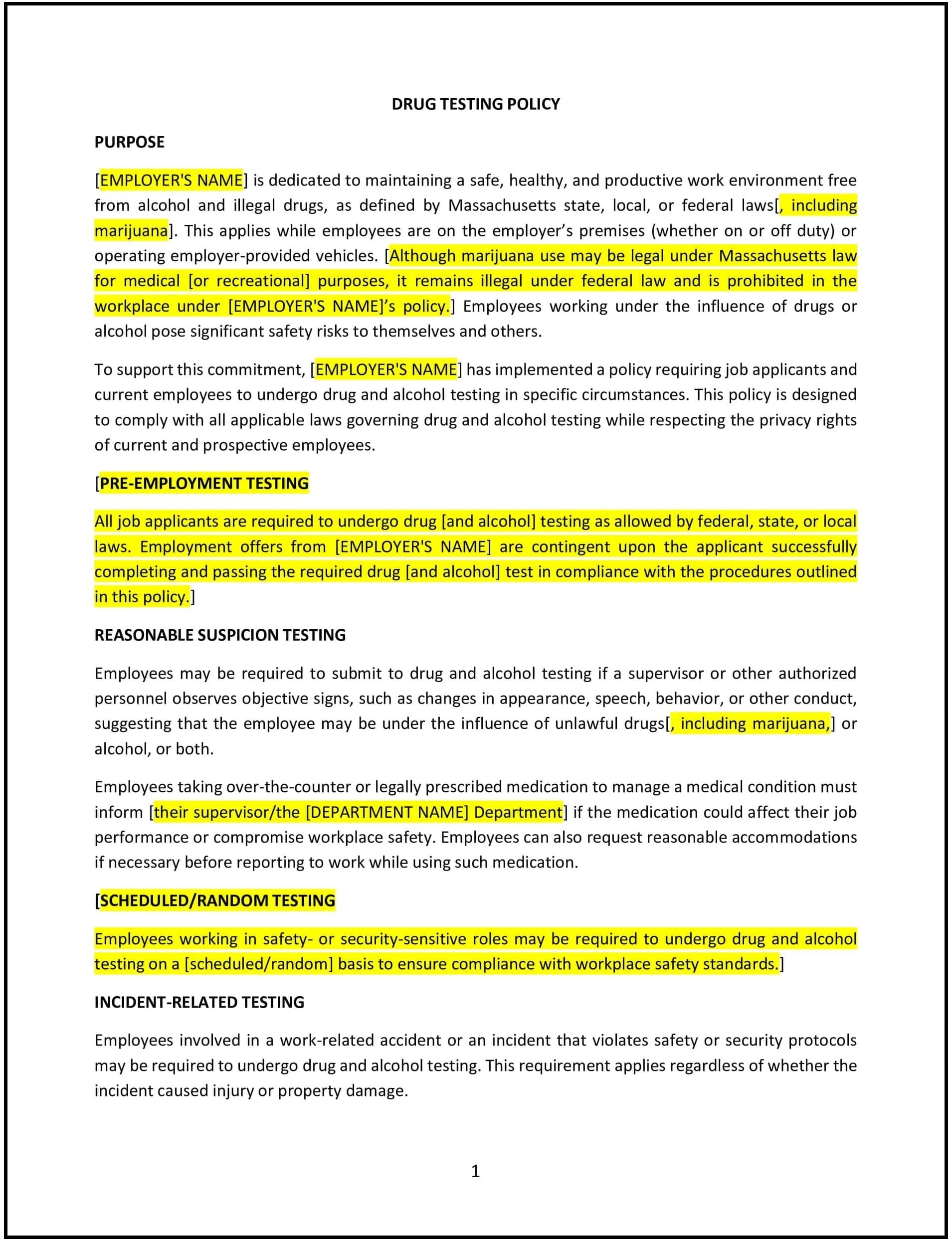 Drug testing policy (Massachusetts): Free template