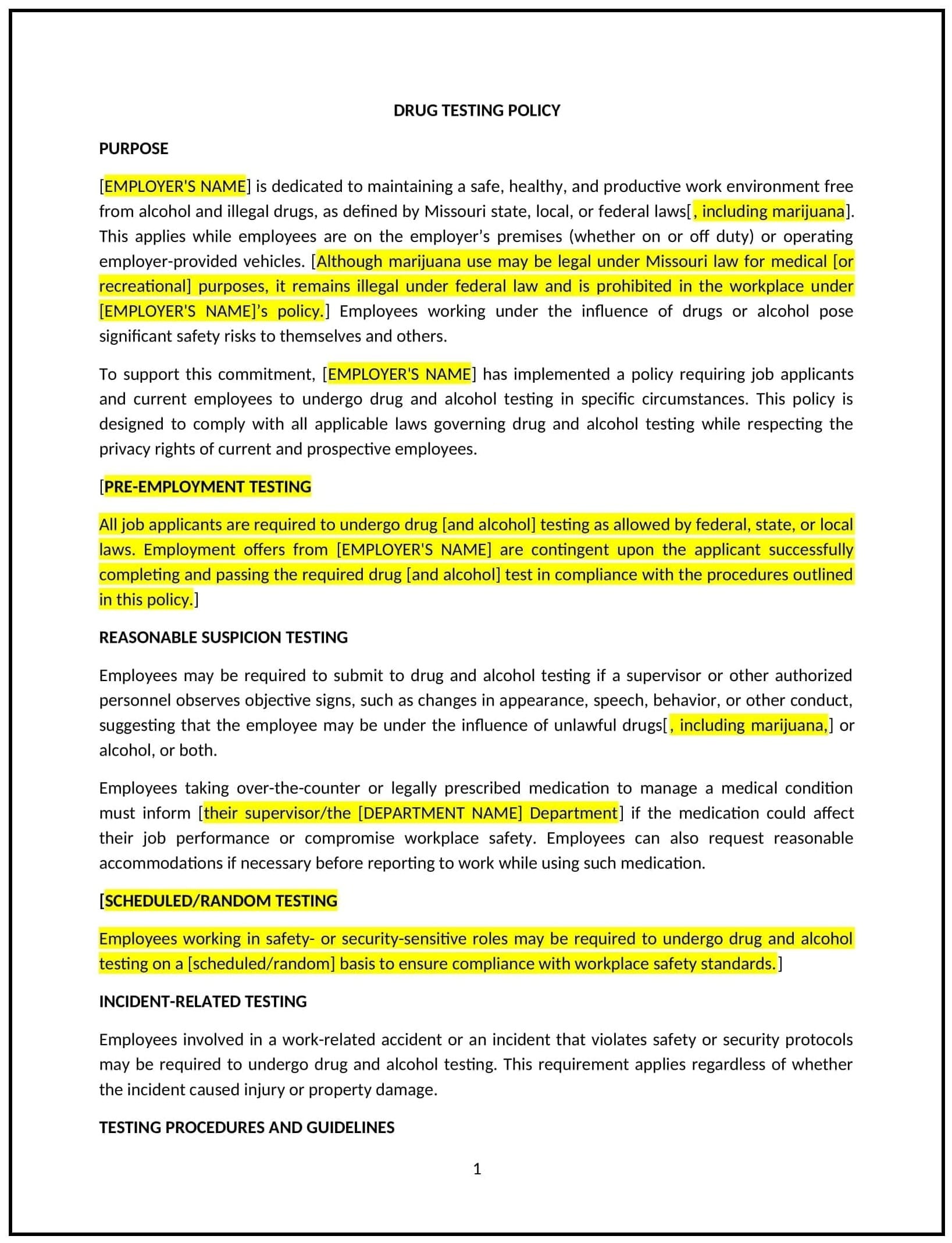 Drug and testing policy (Missouri): Free template