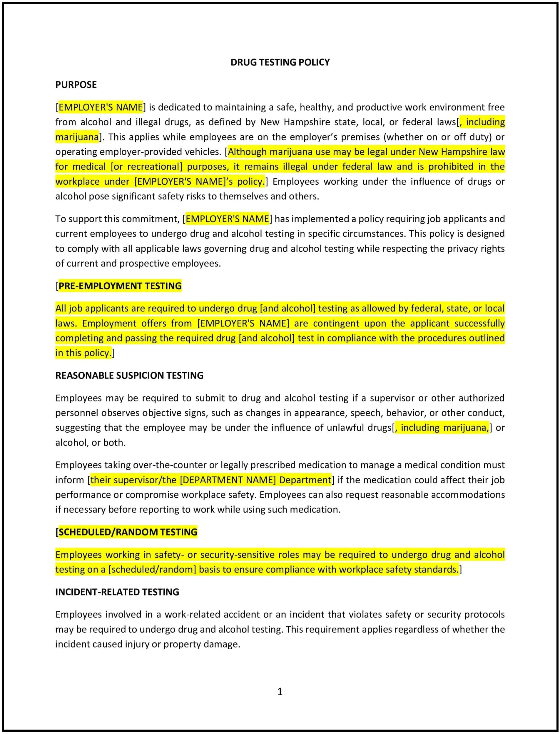 Drug testing policy (New Hampshire): Free template
