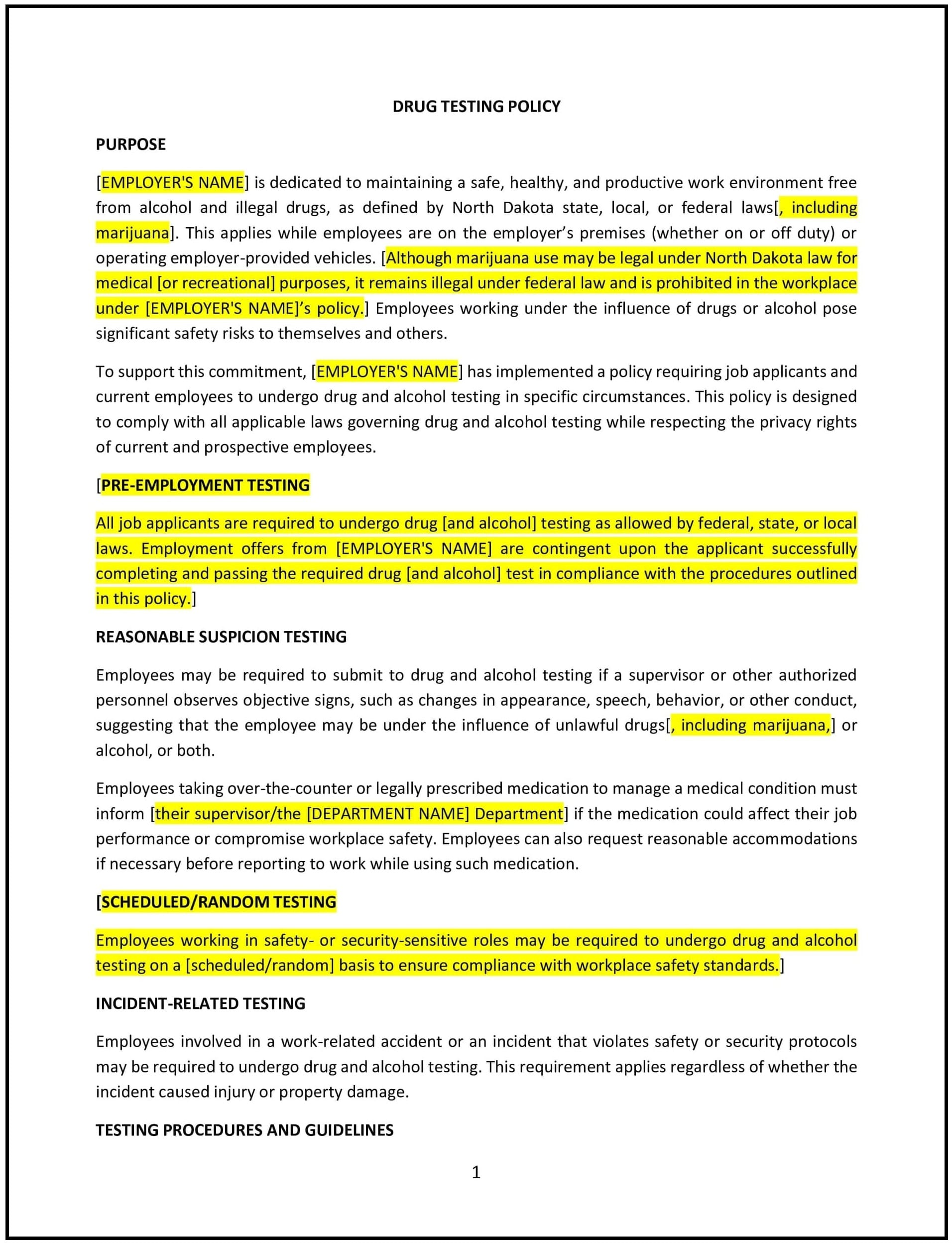 Drug testing policy (North Dakota): Free template