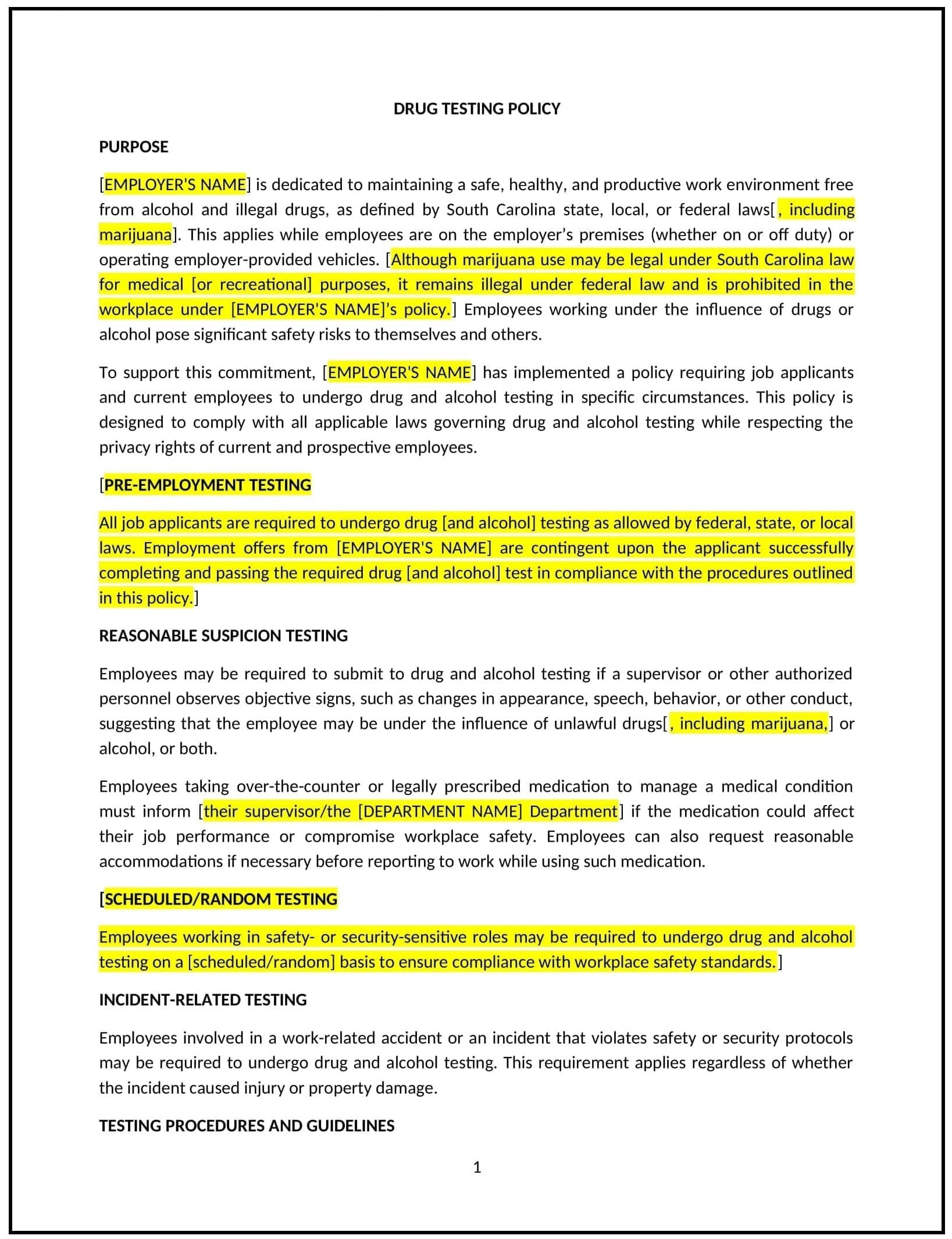 Drug testing policy (South Carolina): Free template