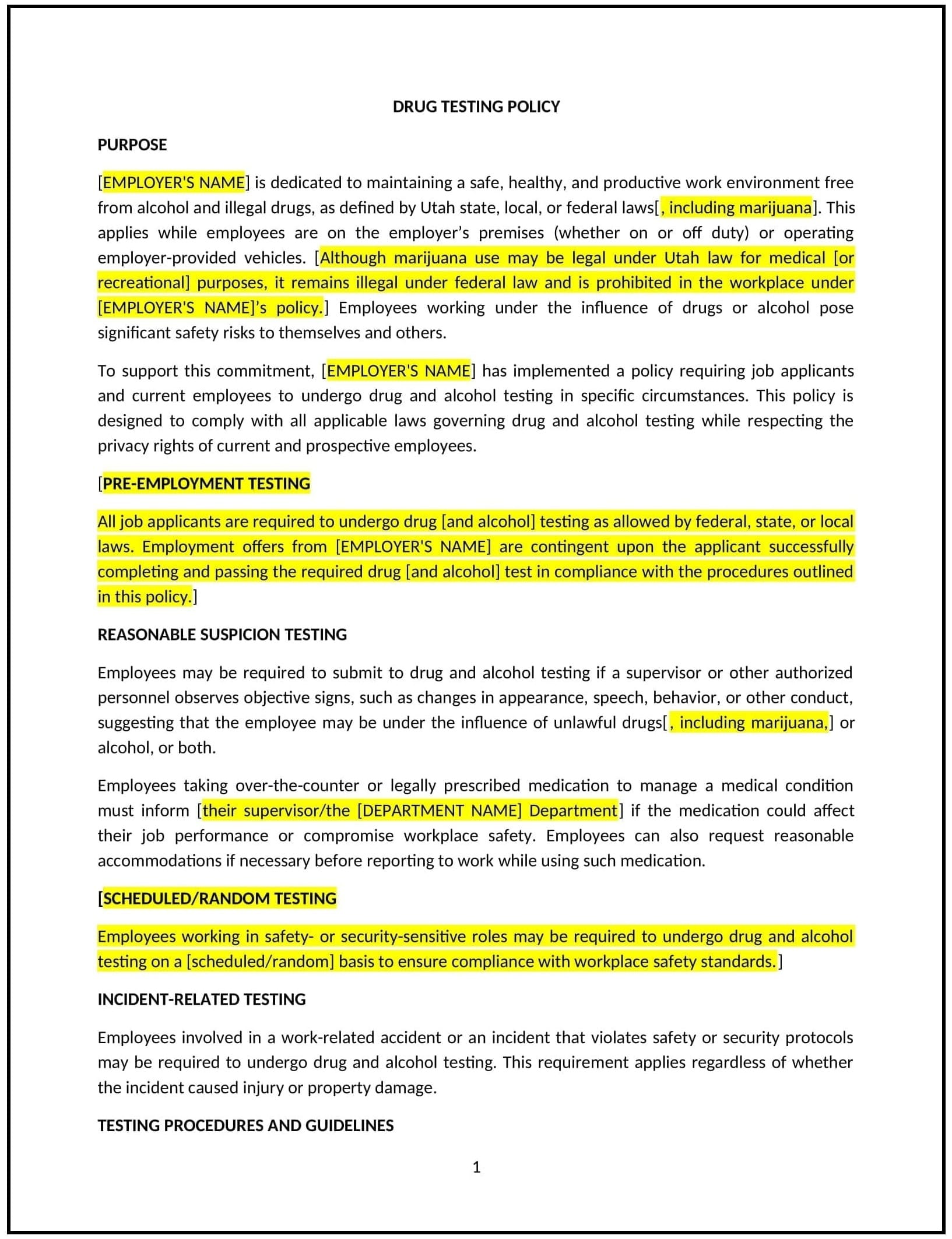 Drug testing policy (Utah): Free template