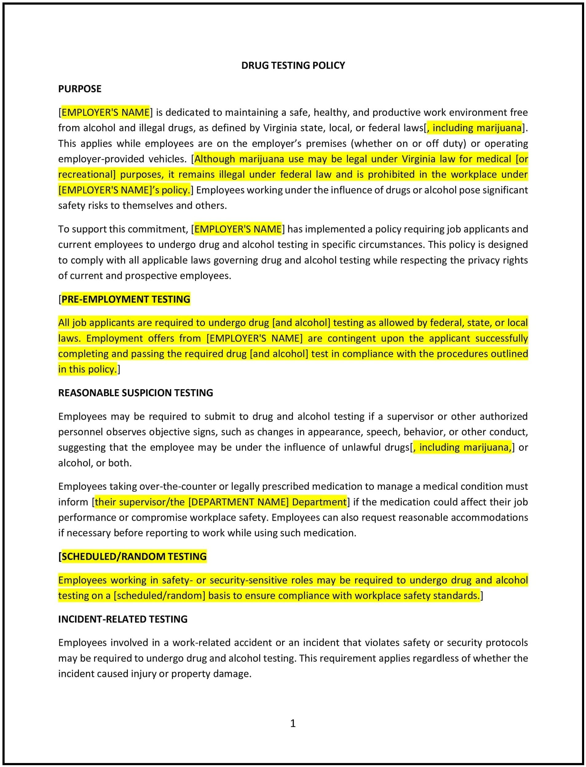 Drug testing policy (Virginia): Free template