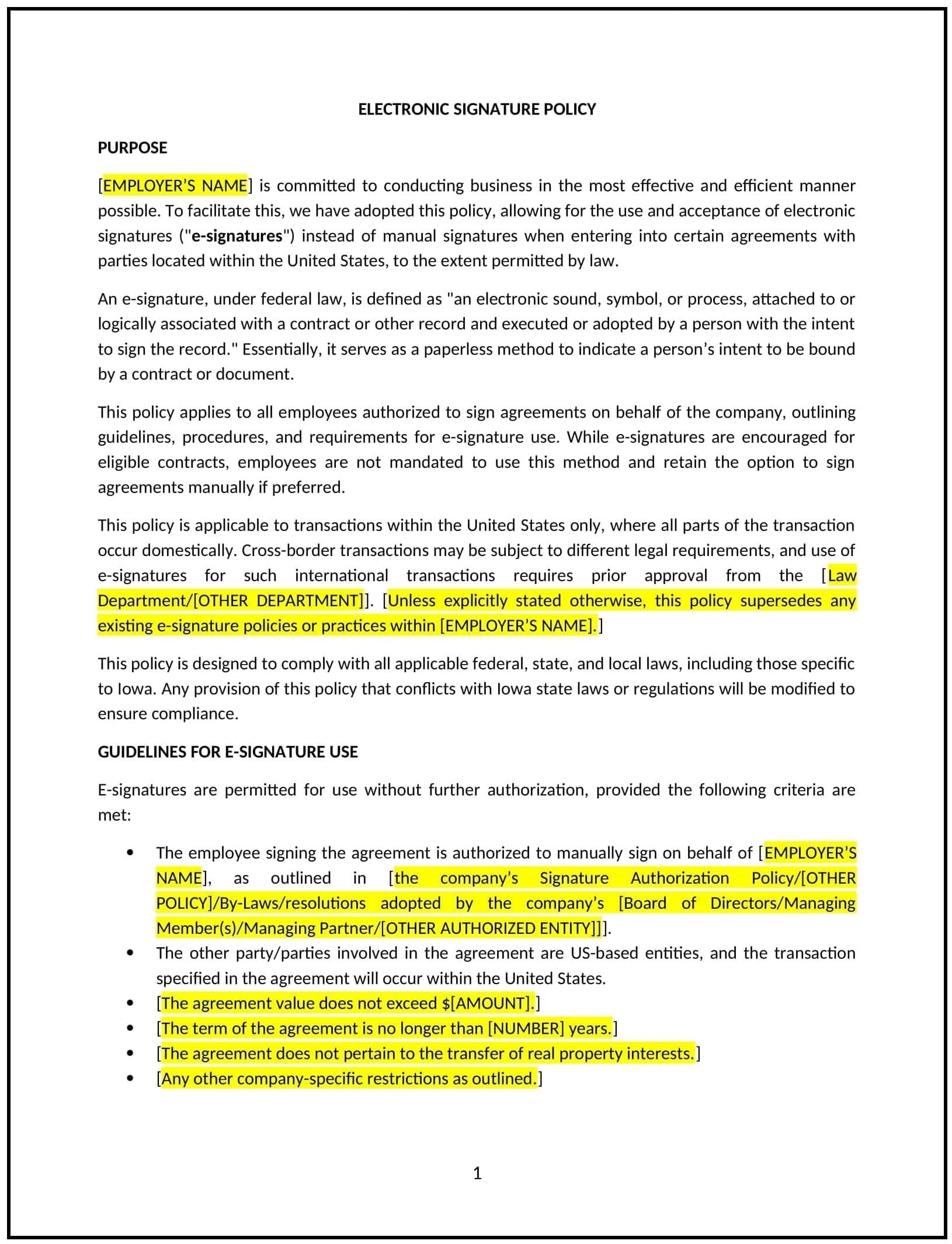 Electronic signature policy (Iowa): Free template