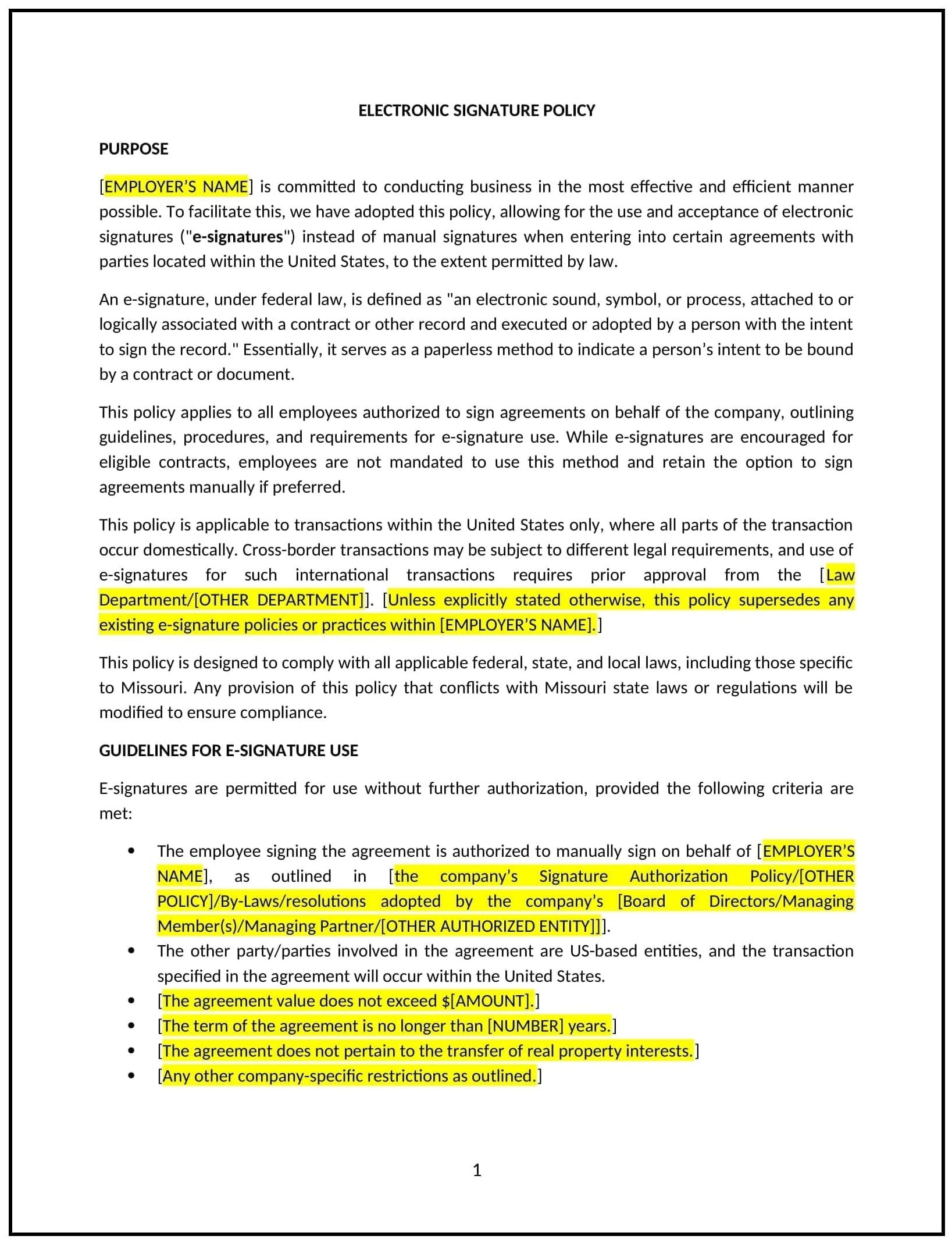 Electronic signature policy (Missouri): Free template