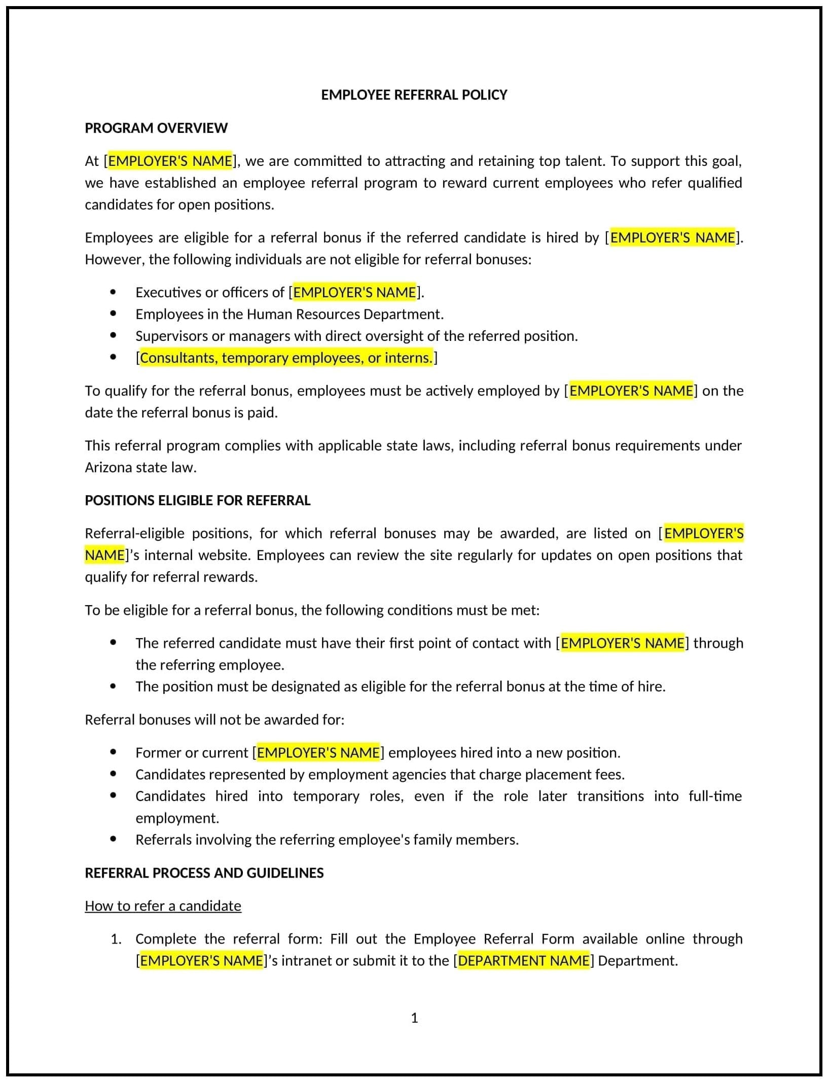 Employee referral policy (Arizona): Free template