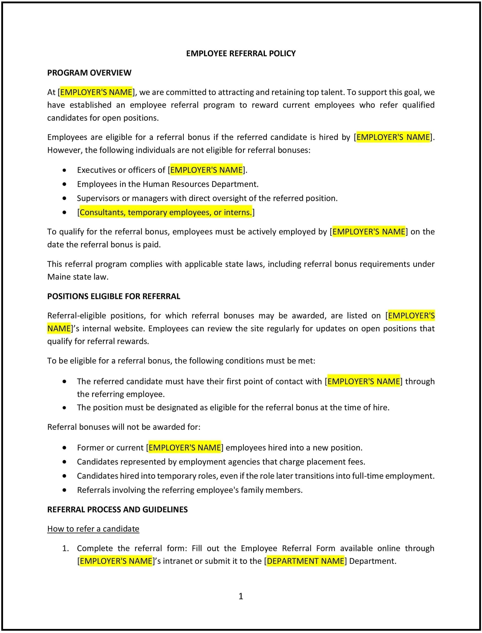 Employee referral policy (Maine): Free template