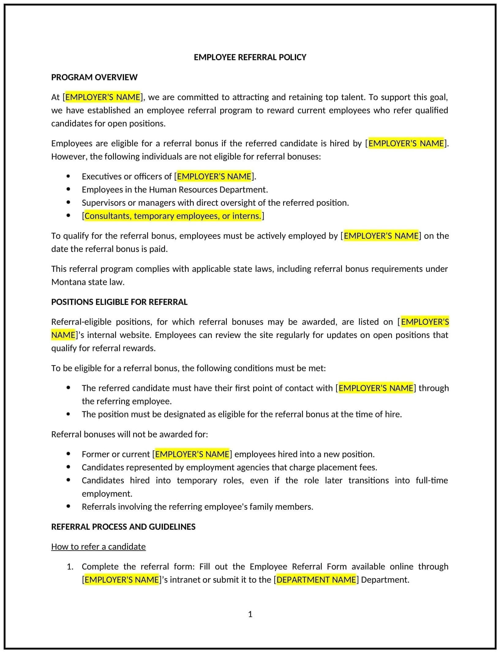 Employee referral policy (Montana): Free template