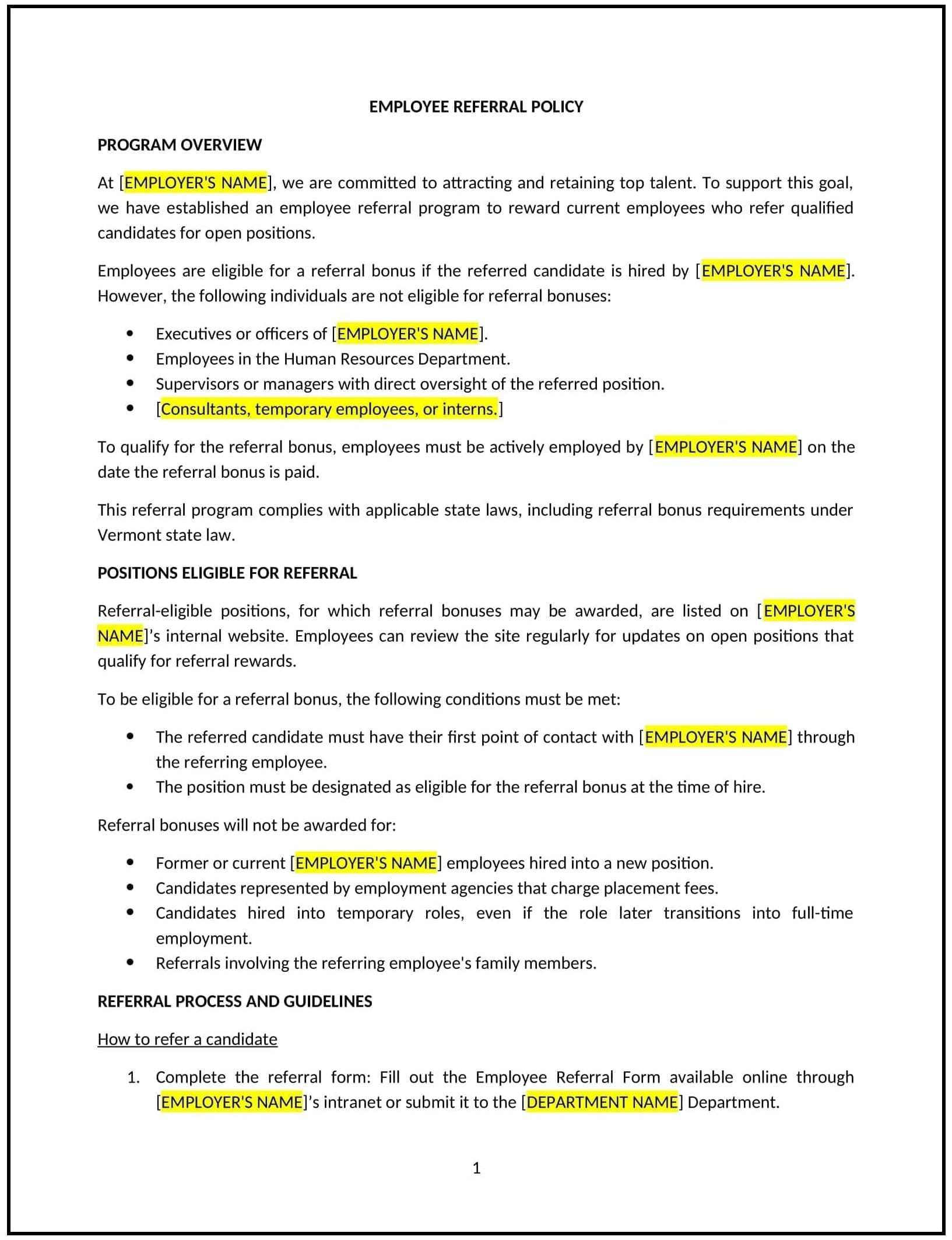Employee referral policy (Vermont): Free template