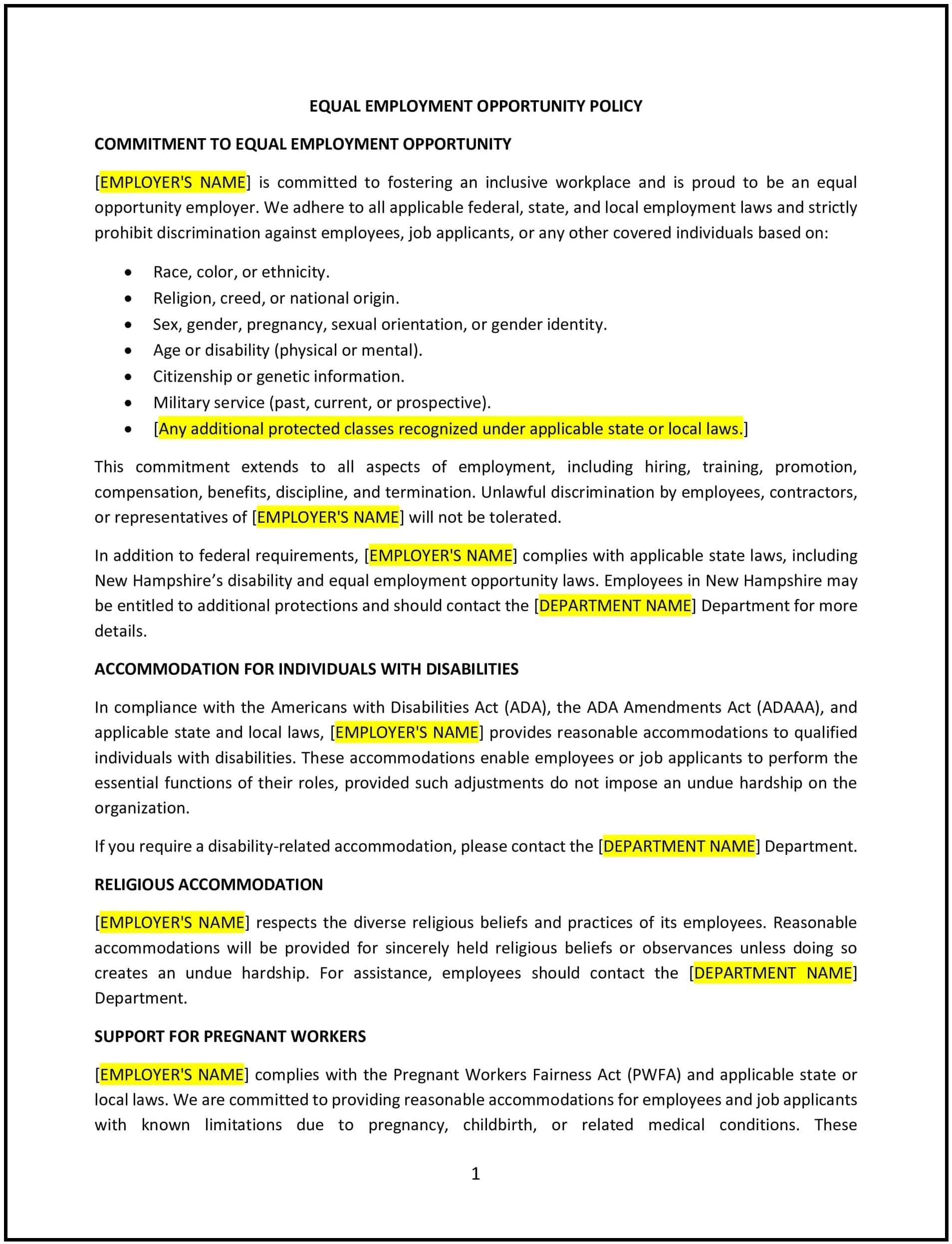 Equal employment opportunity plan (New Hampshire): Free template