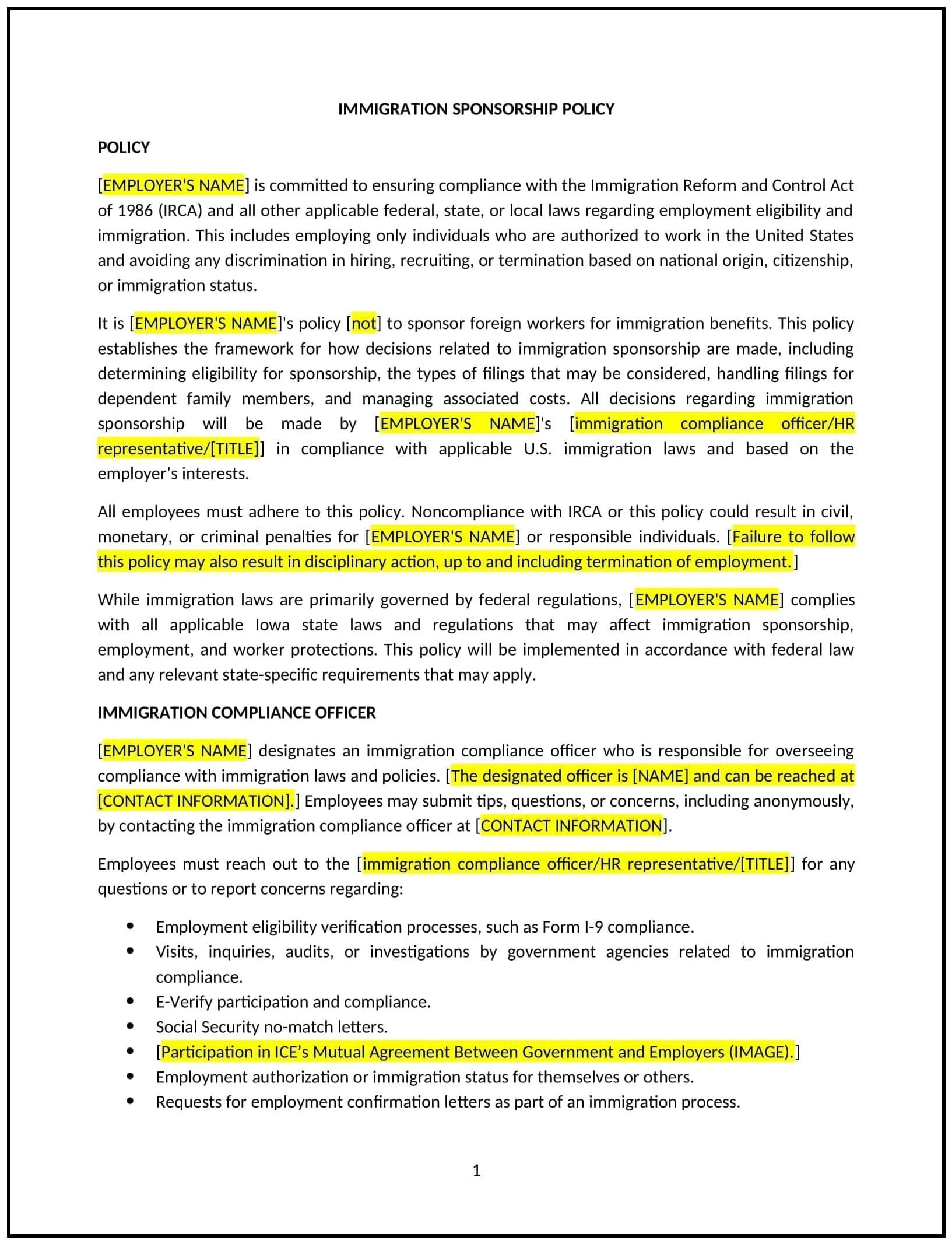 Immigration sponsorship policy (Iowa): Free template