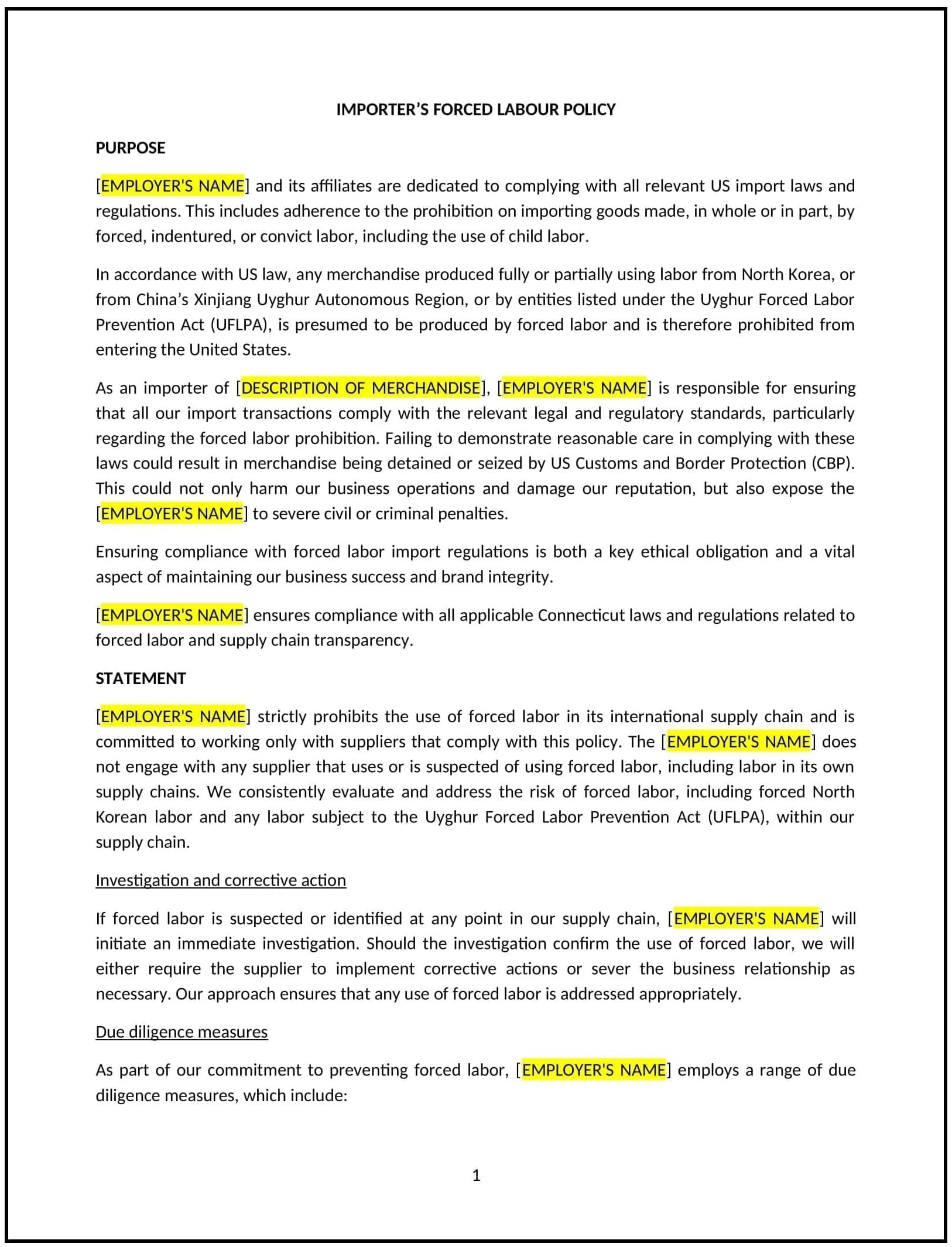 Importer's forced labour policy (Connecticut): Free template