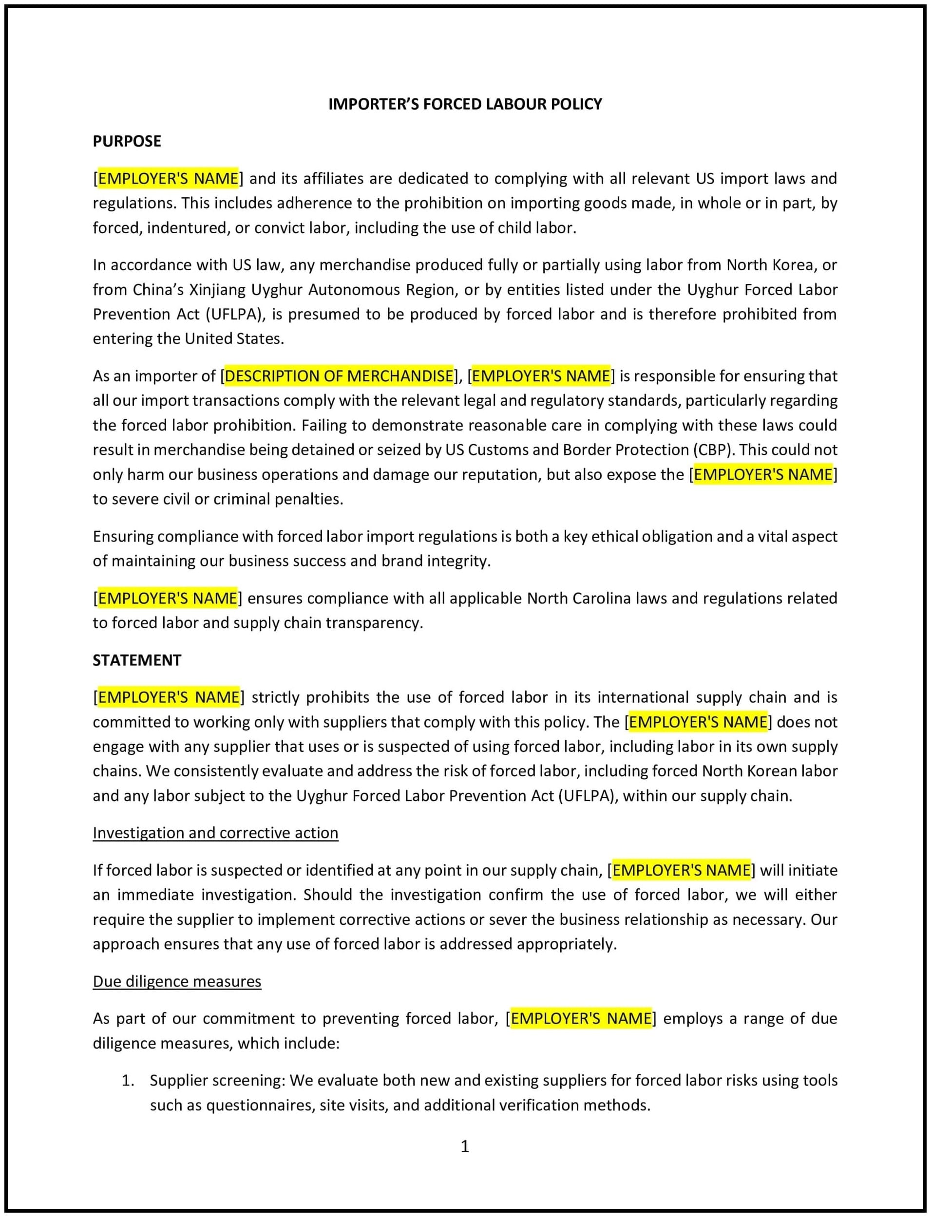 Importer's forced labour policy (North Carolina): Free template